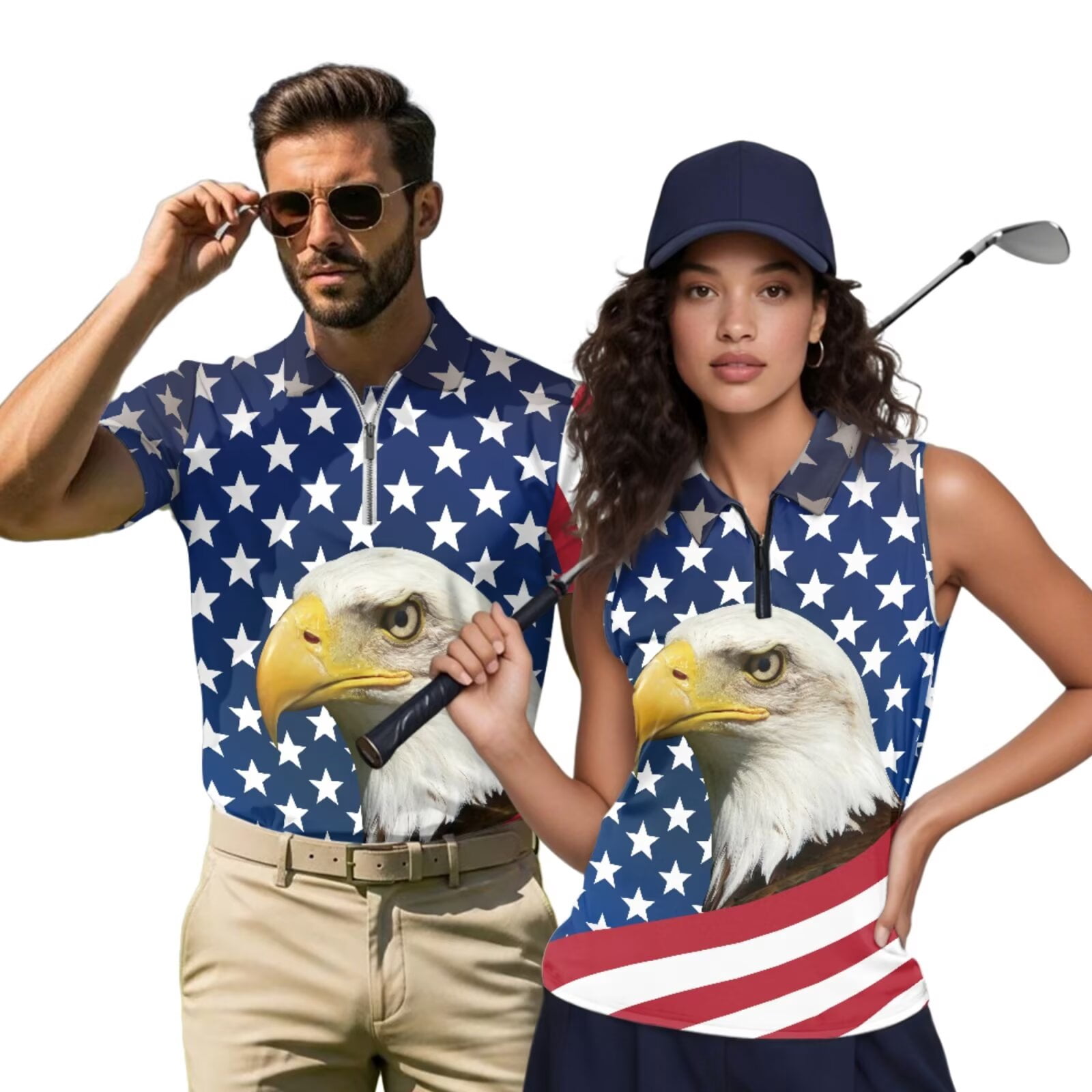 Aplkyhs Patriotic Star Eagle Matching Golf Shirts for Couple Breathable ...