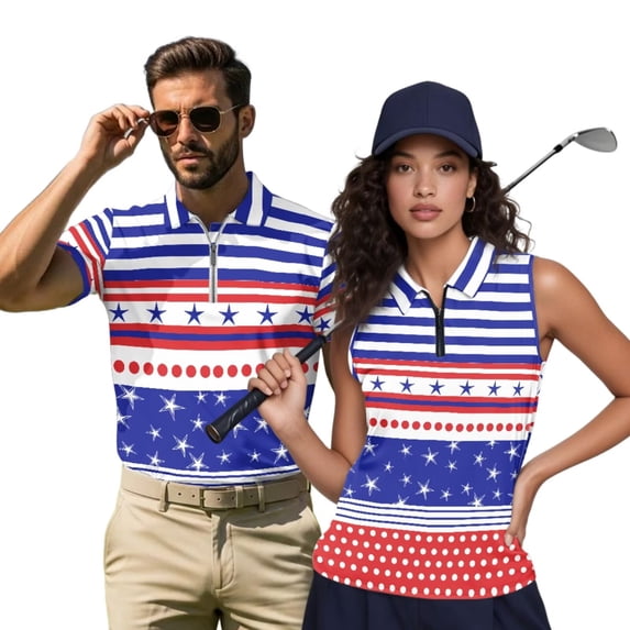 Aplkyhs Patriotic Star Matching Couple Golf Shirts Quarter Zip Mens ...