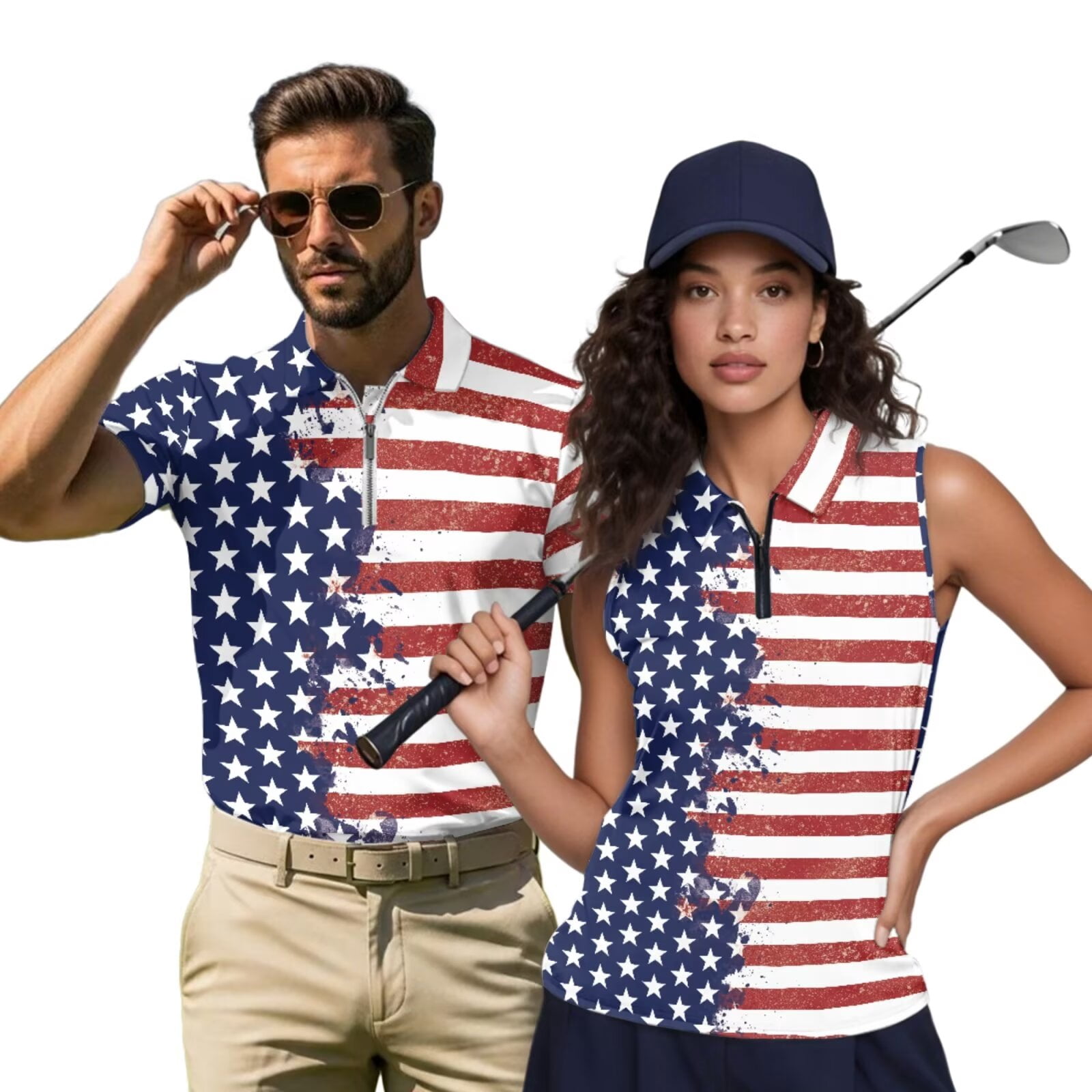 Aplkyhs Patriotic Star Matching Couple Golf Shirts Quick Dry Women's ...