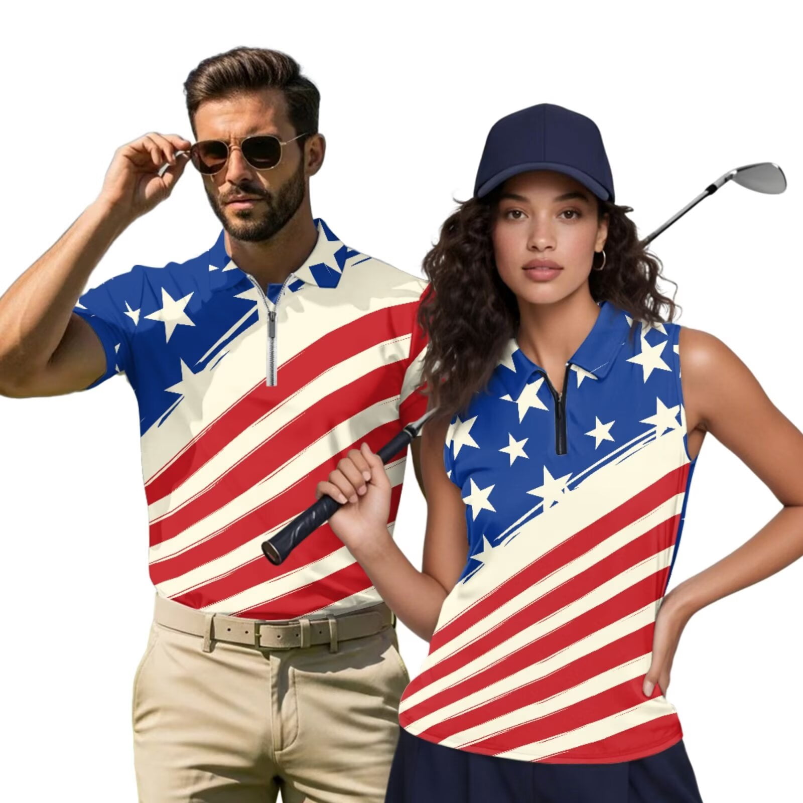 Aplkyhs Patriotic Star Matching Golf Shirts for Couple Quarter Zip ...