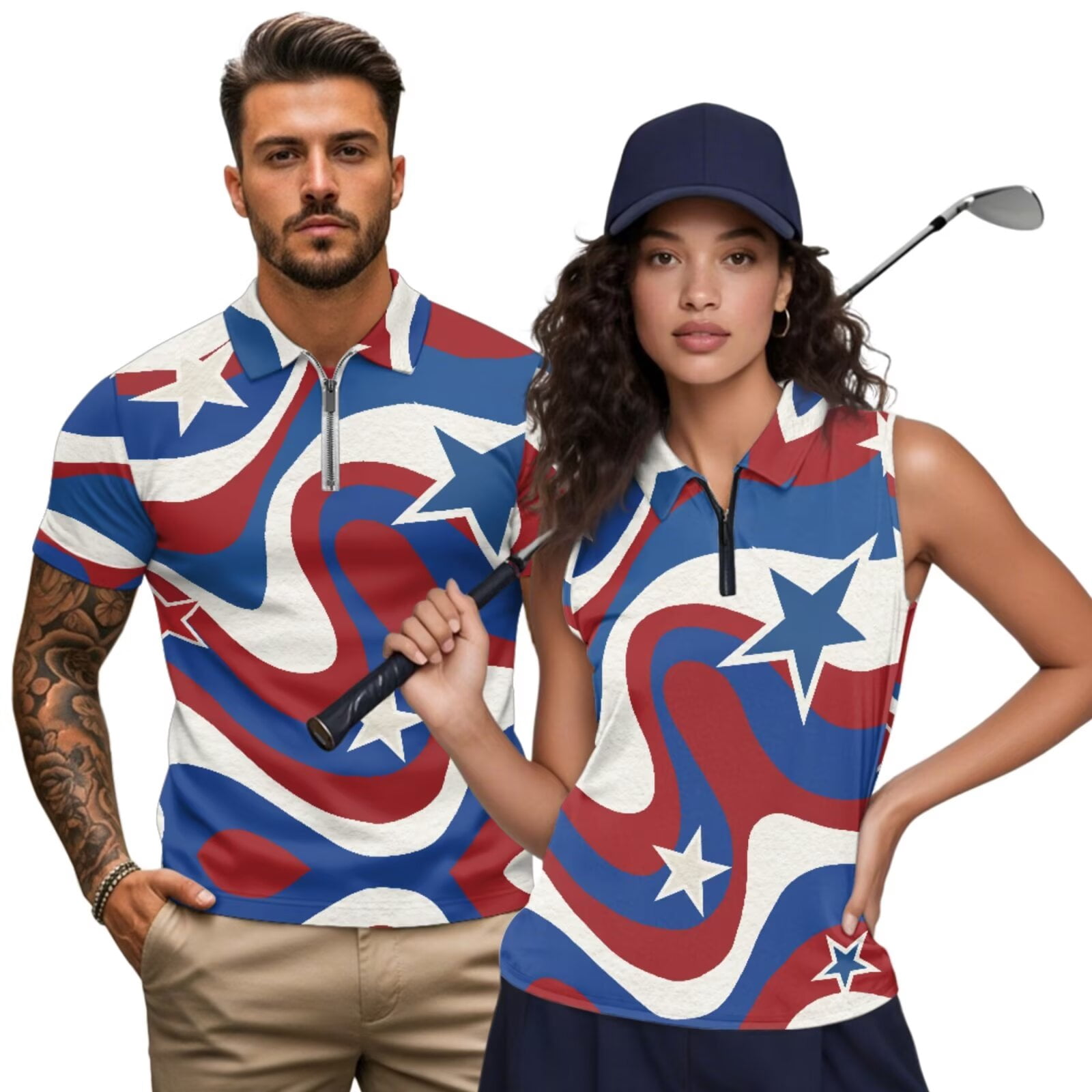 Aplkyhs Patriotic Star Matching Golf Shirts for Couple Racerback Design ...