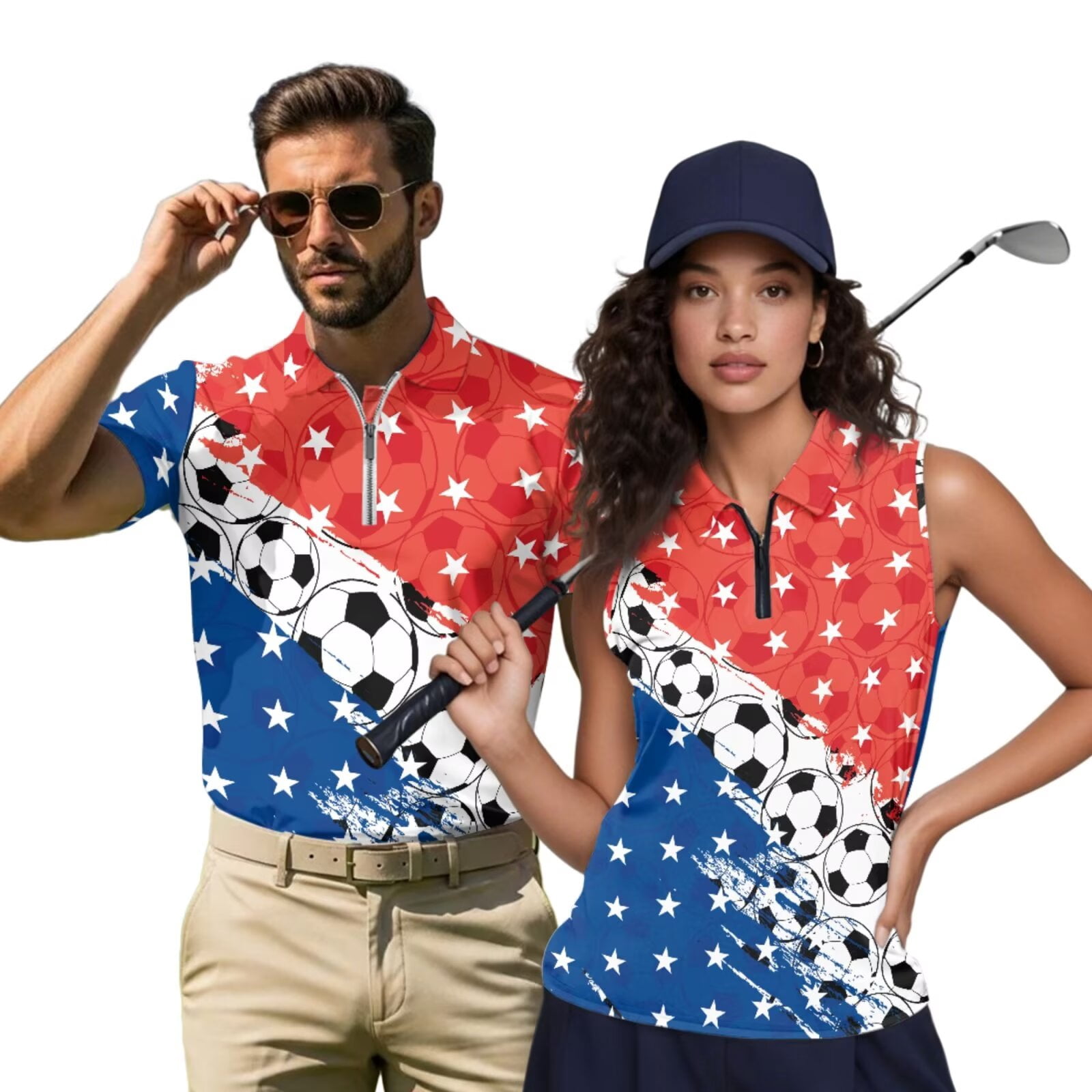 Aplkyhs Patriotic Star Soccer Matching Couple Sport Shirts Couple Golf ...