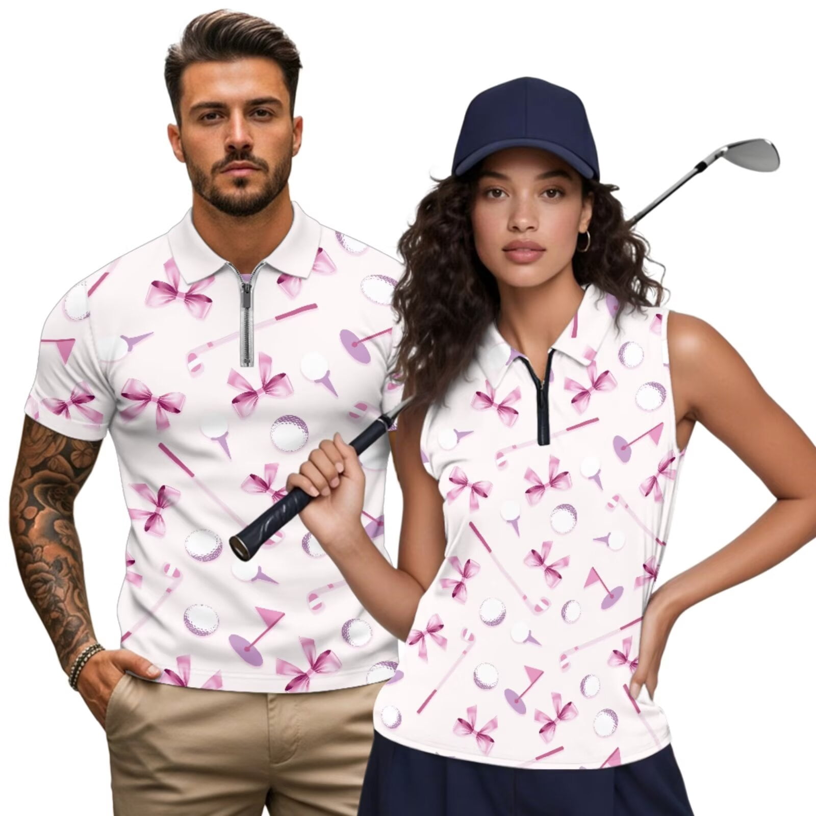 Aplkyhs Pink Bow Matching Golf Shirts for Couple Fit Plain Women Sport ...