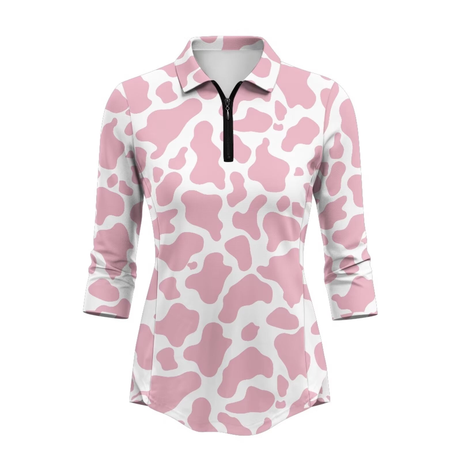 Aplkyhs Pink Cow Print Women Sport Shirts 3/4 Sleeve Cloth Workout ...