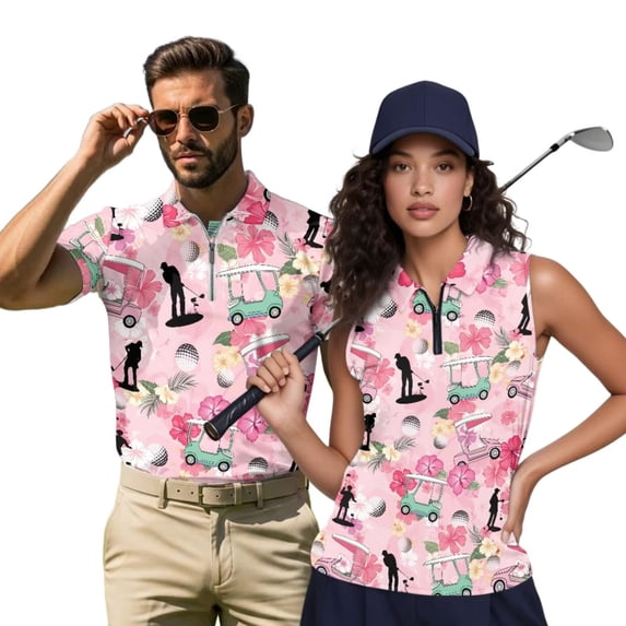 Aplkyhs Pink Golf Theme Matching Golf Shirts for Couple Quarter Zip ...