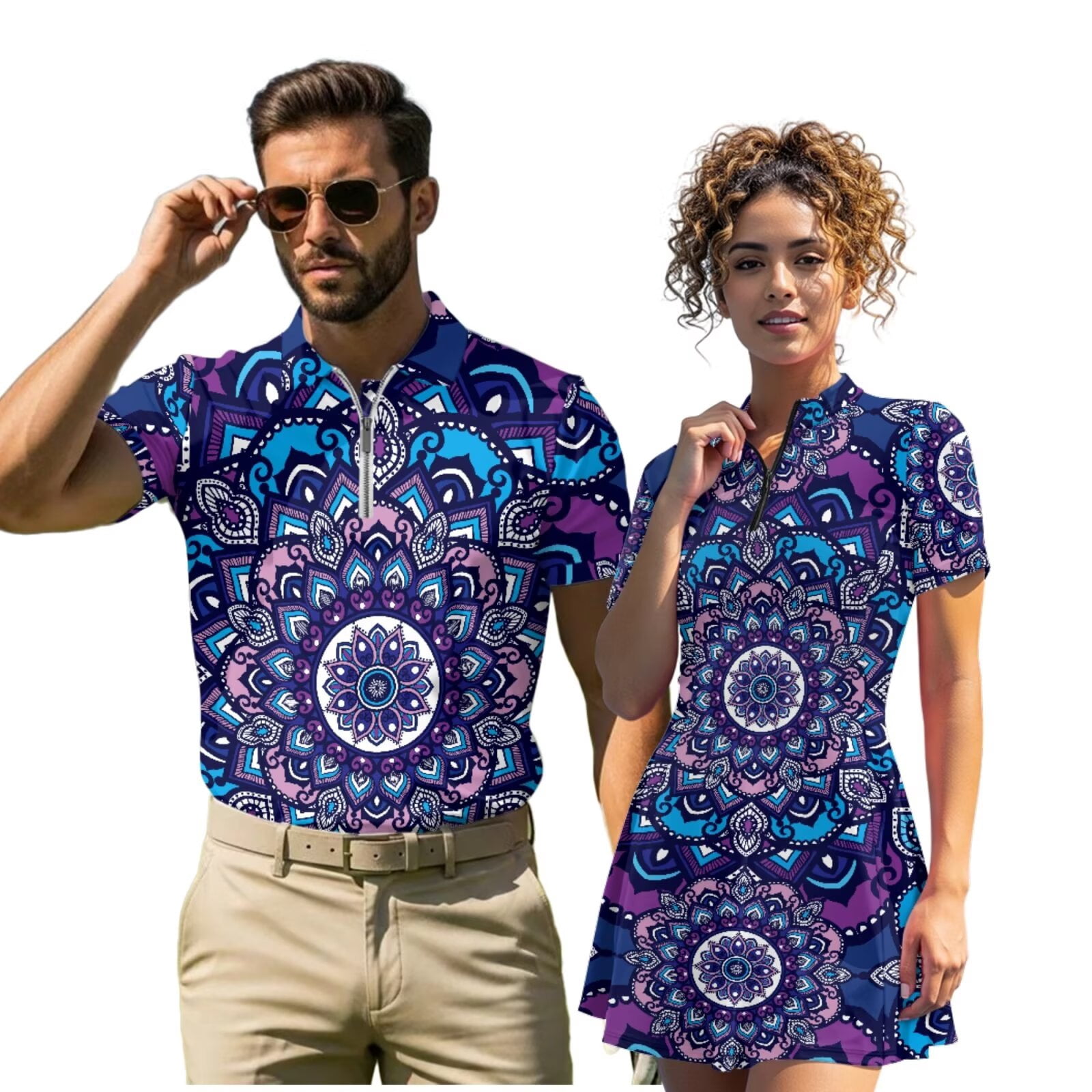 Aplkyhs Purple Mandala Matching Golf Shirts for Couple Lightweight Men ...