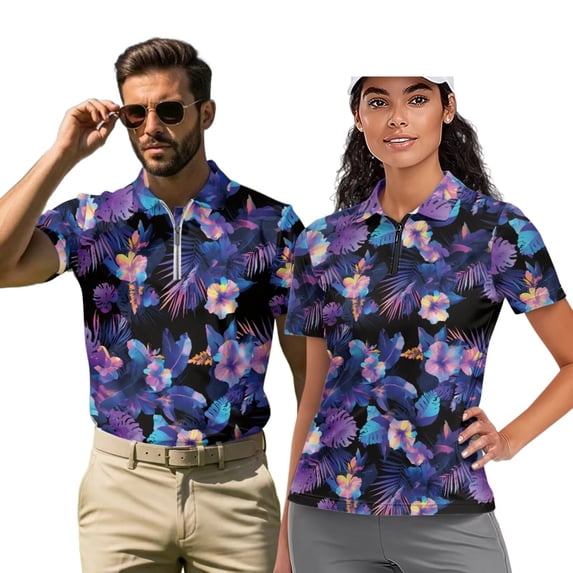 Aplkyhs Purple Tropical Floral Matching Couple Golf Shirts Machine ...