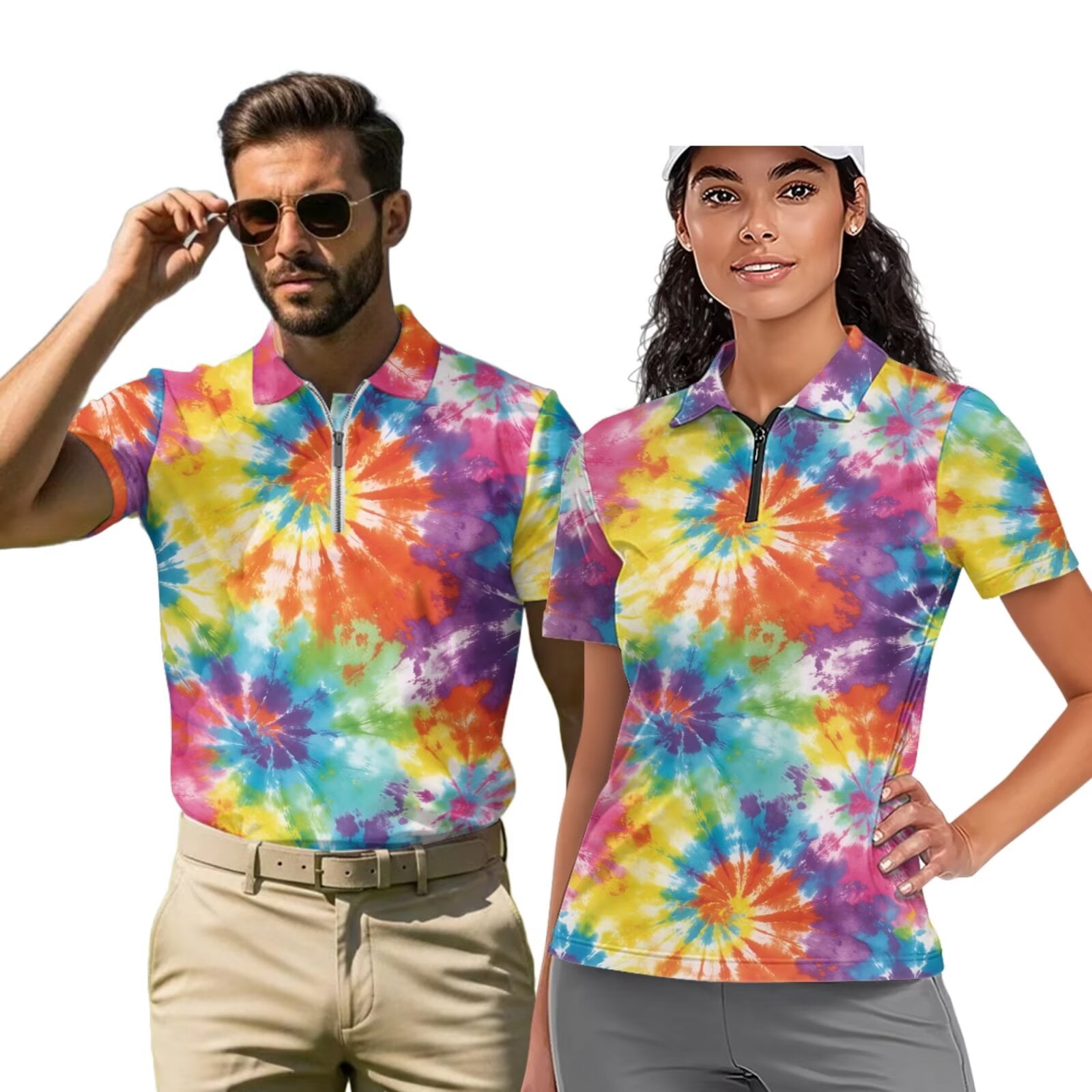 Aplkyhs Rainbow Tie Dye Matching Golf Shirts for Couple Quarter Zip ...
