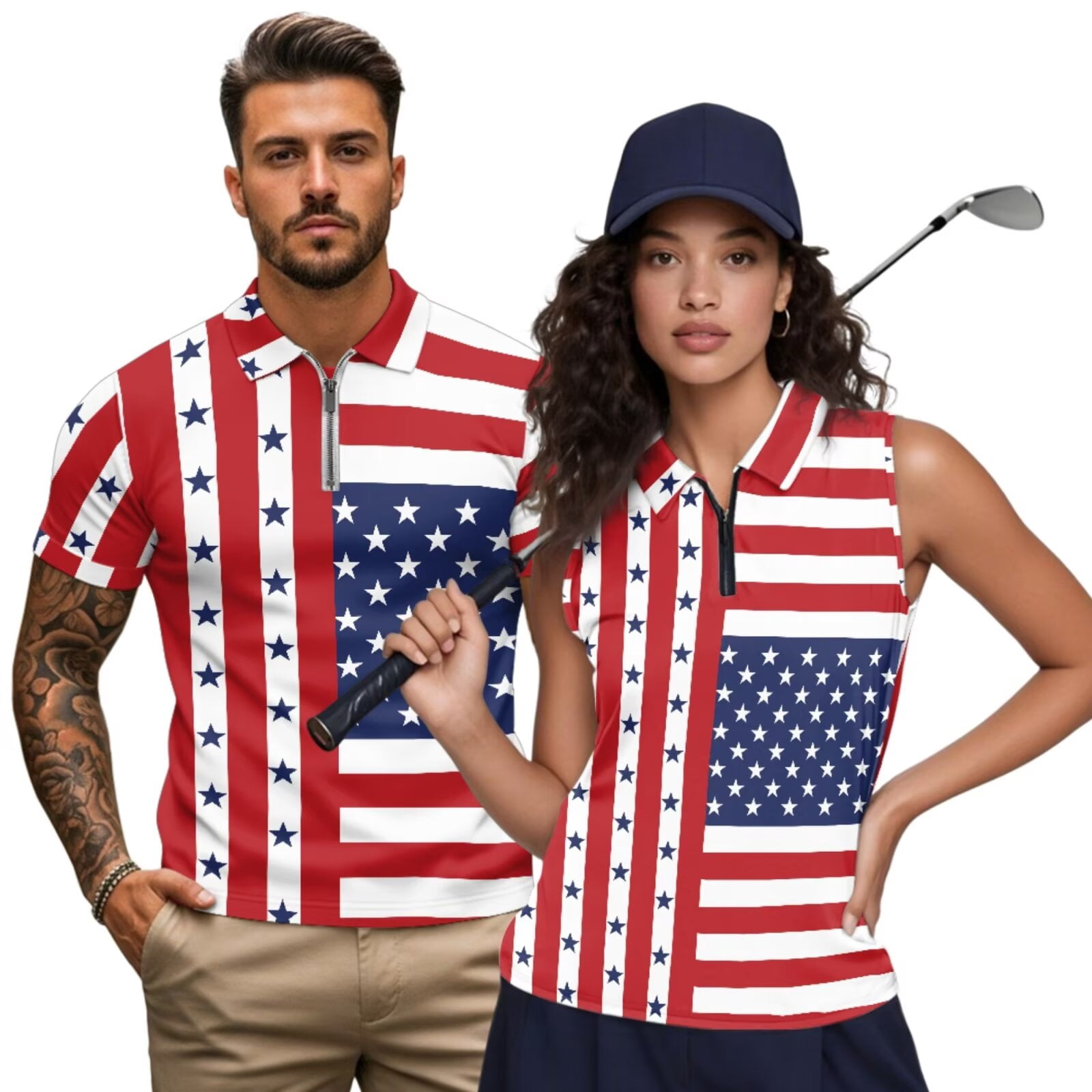 Aplkyhs Red American Flag Couple Golf Shirts Couple Golf Matching ...