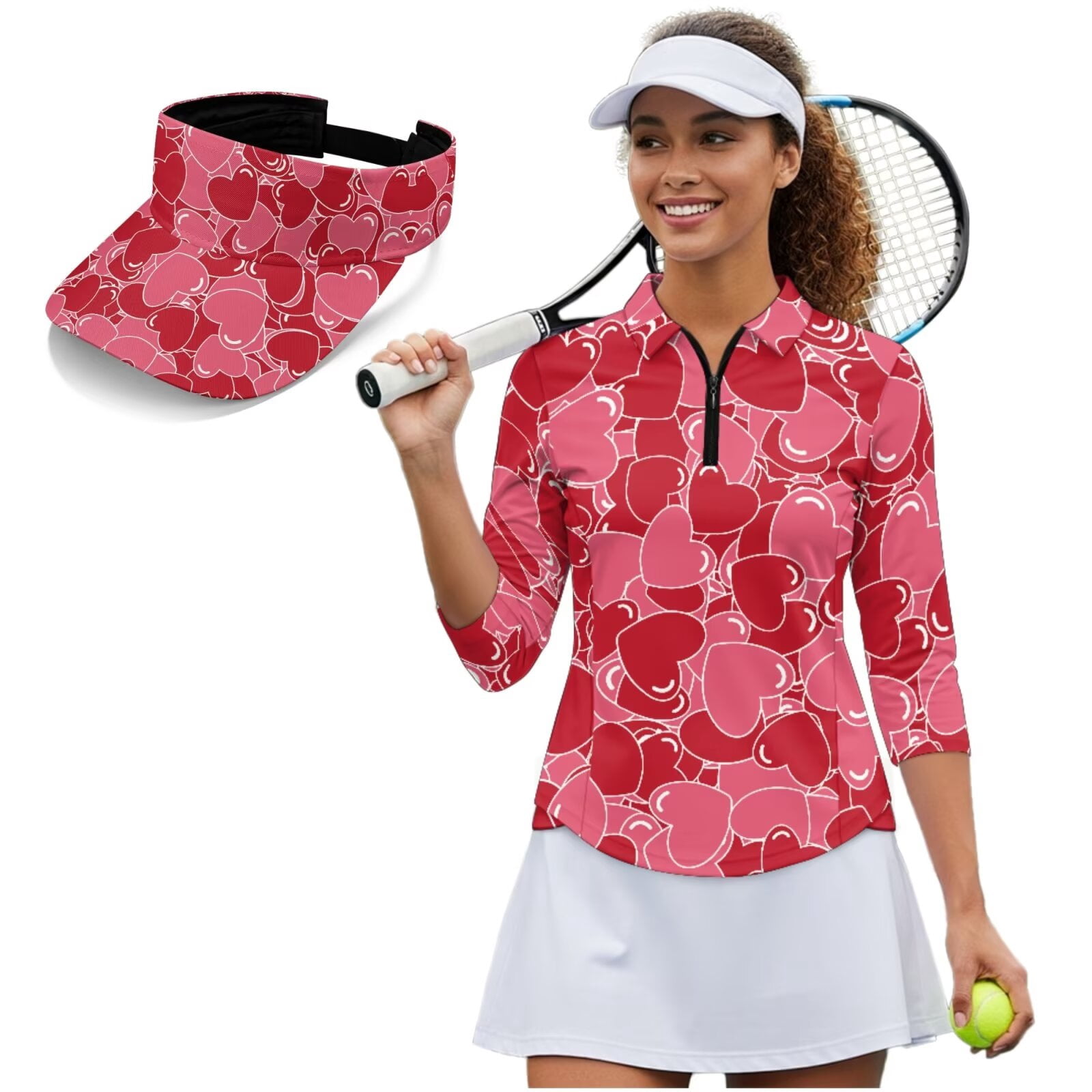Aplkyhs Red Heart Women's Golf Shirt and Sun Visor Hat Set Moisture ...