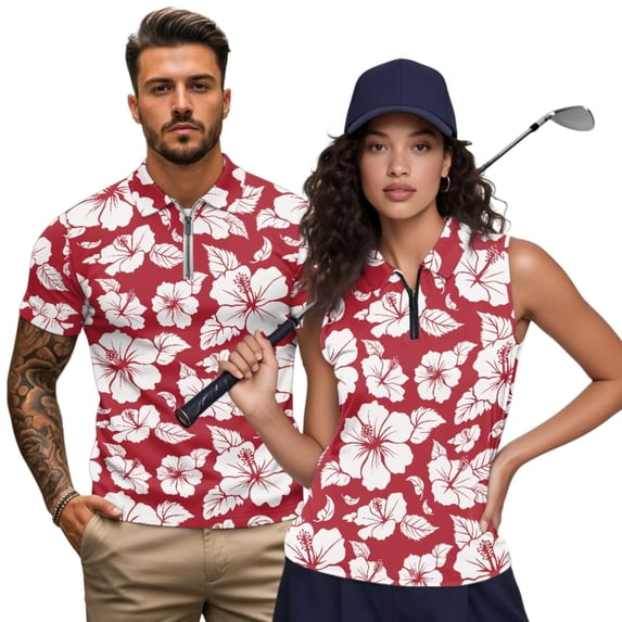Aplkyhs Red Hibiscus Matching Couple Golf Shirts His and Hers Golf ...
