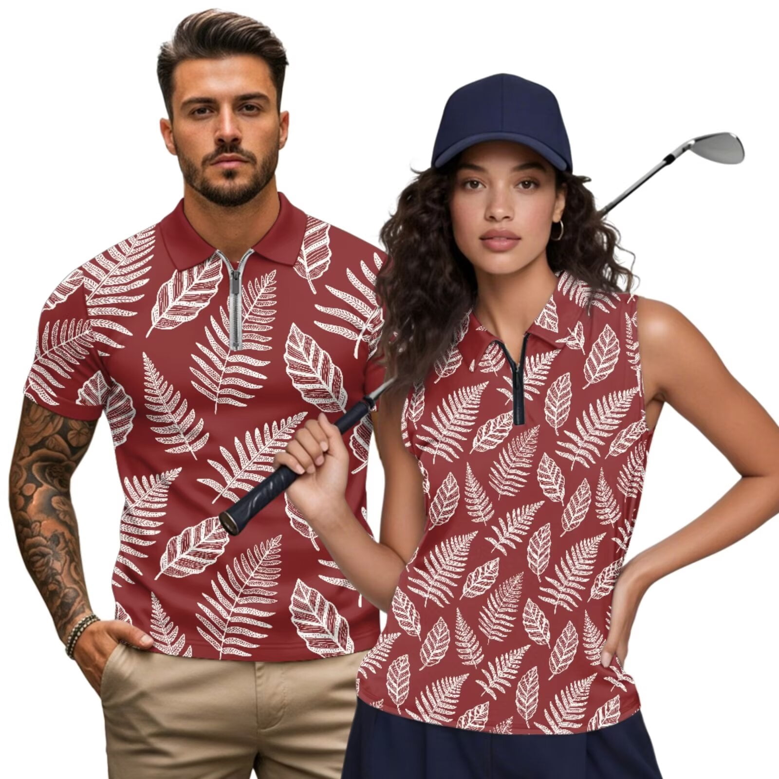 Aplkyhs Red Palm Leaf Matching Golf Shirts for Couple Women's Matching ...