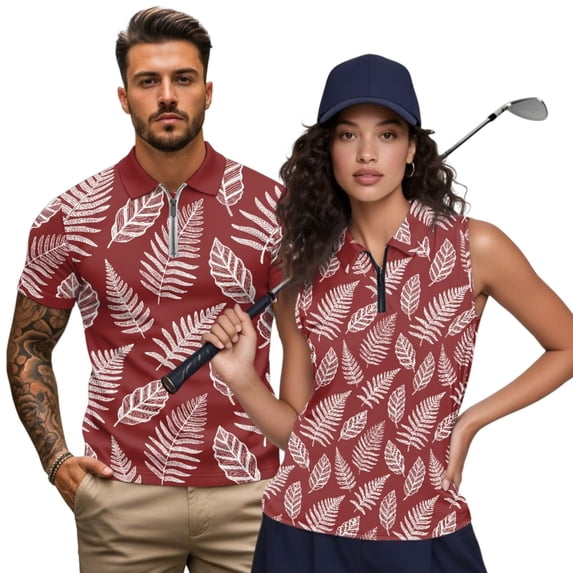 Aplkyhs Red Palm Leaf Matching Golf Shirts for Couple Women's Matching ...