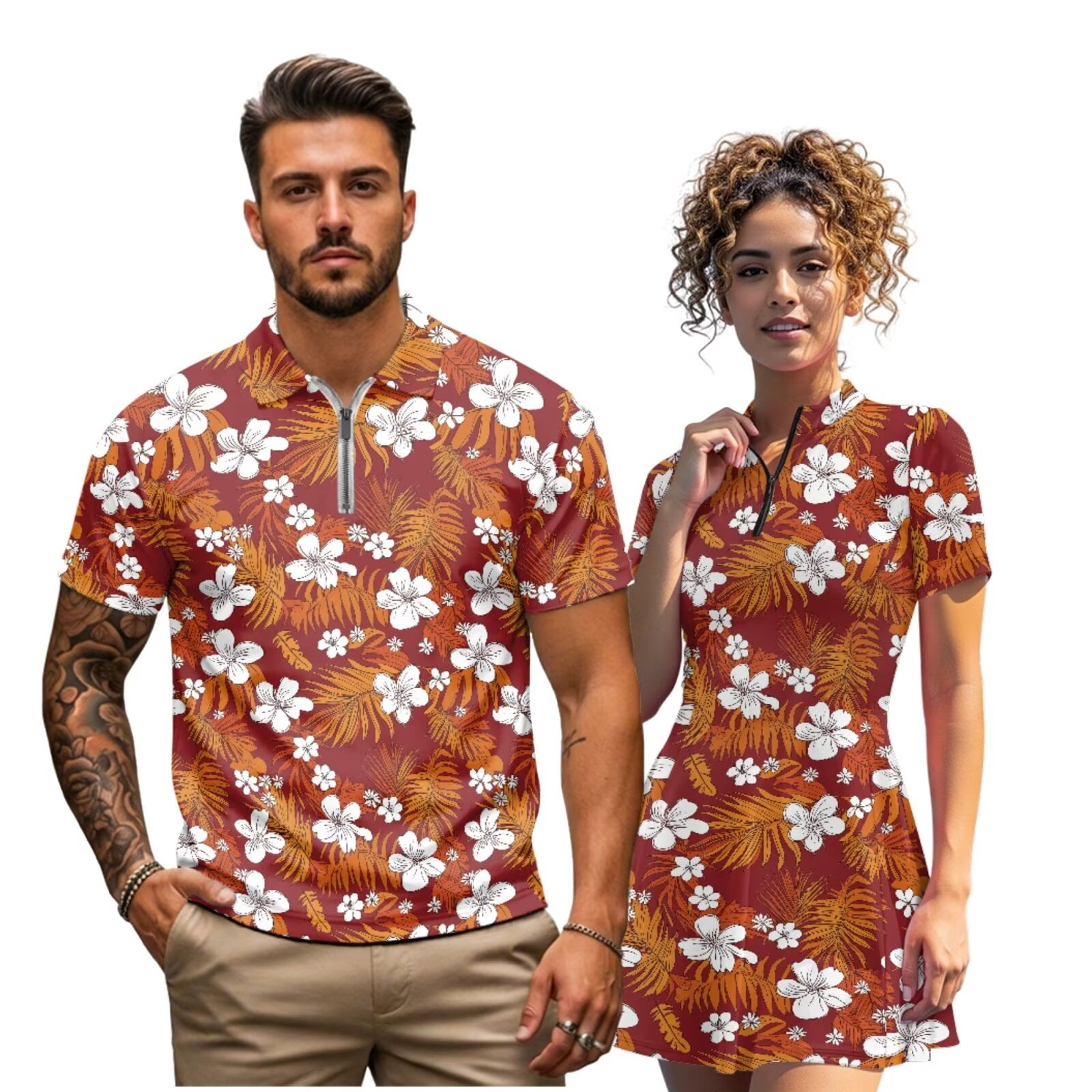 Aplkyhs Red Tropical Floral Matching Couple Sport Shirts Moisture ...