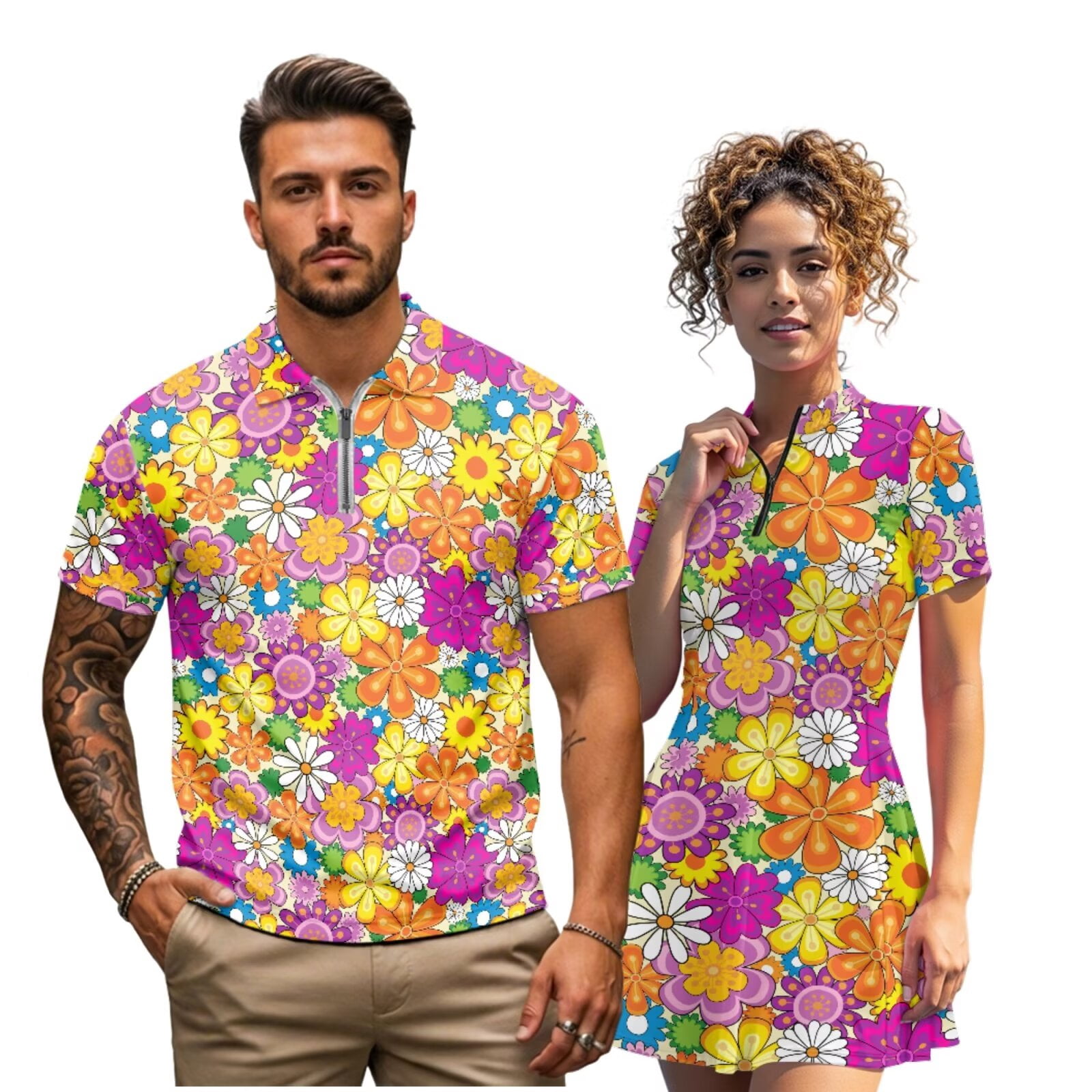 Aplkyhs Retro Hippie Floral Men Women Matching Golf Shirts 4-Way ...
