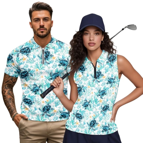 Aplkyhs Sea Turtle Coral Matching Golf Shirts for Couple Breathable ...