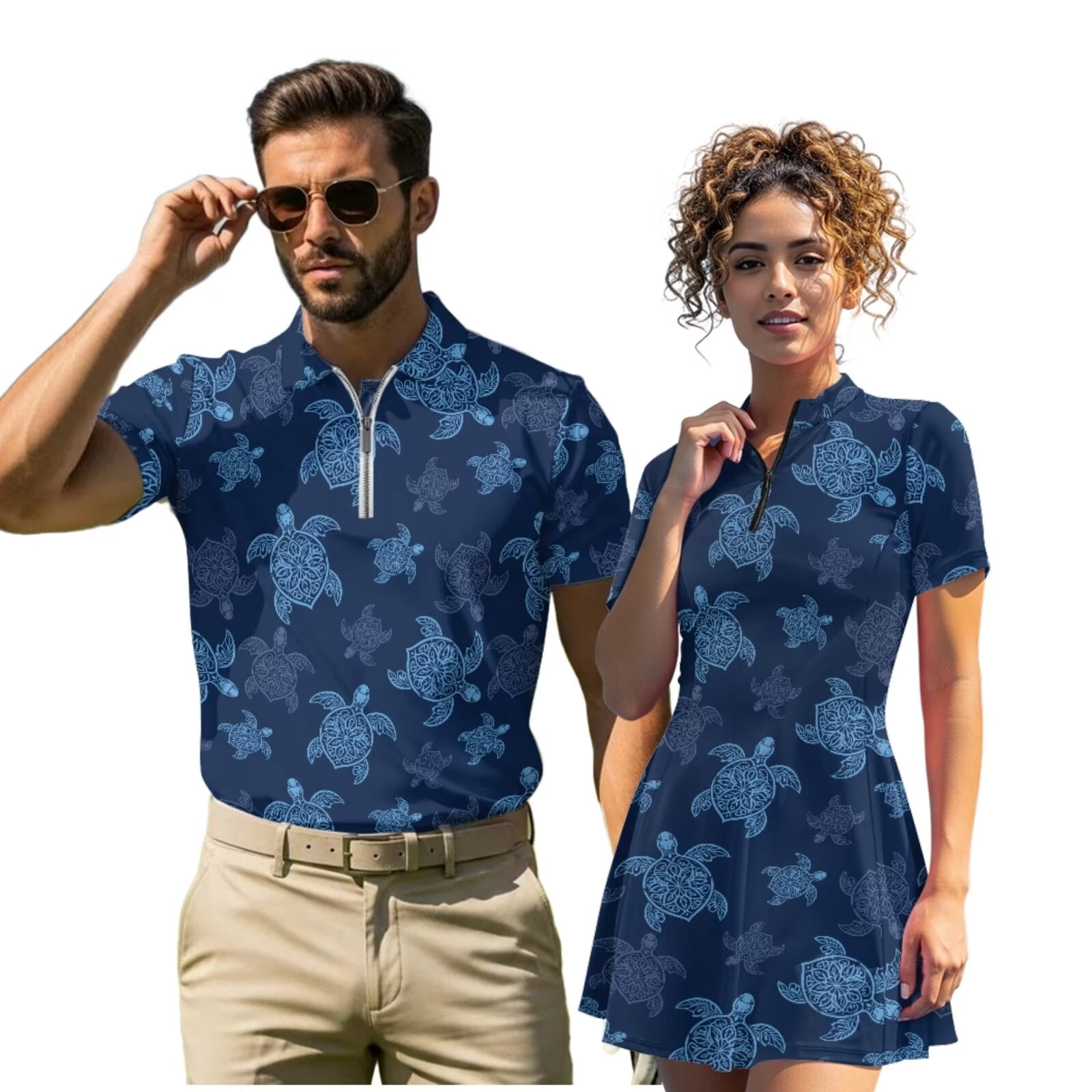Aplkyhs Sea Turtle Couple Golf Shirts Machine Washable Matching Couple ...