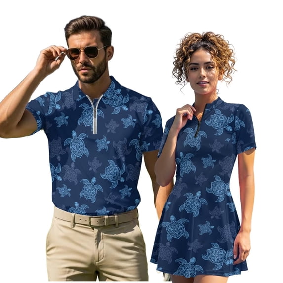 Aplkyhs Sea Turtle Couple Golf Shirts Machine Washable Matching Couple ...