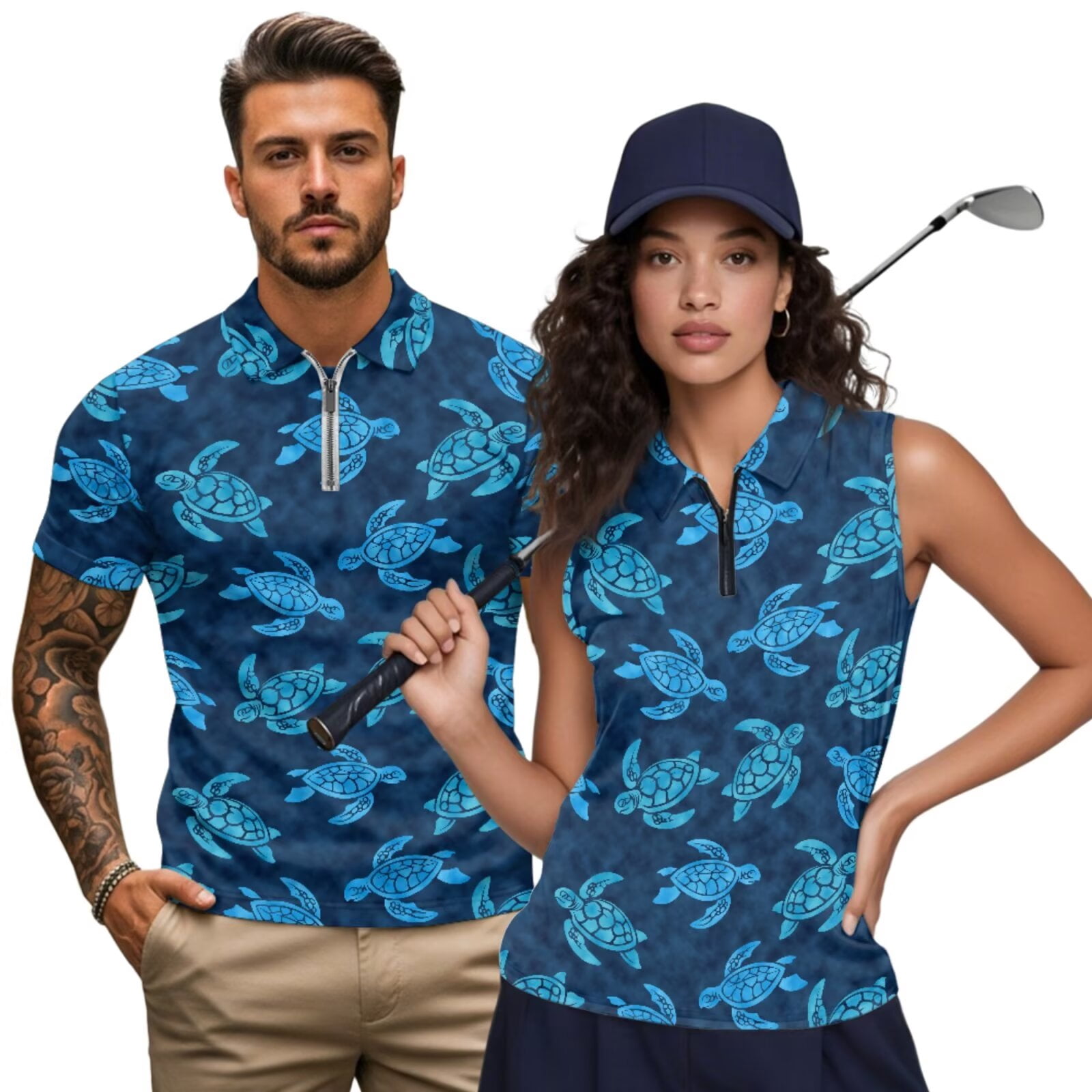 Aplkyhs Sea Turtle Matching Couple Golf Shirts Quarter Zip Men's Casual ...