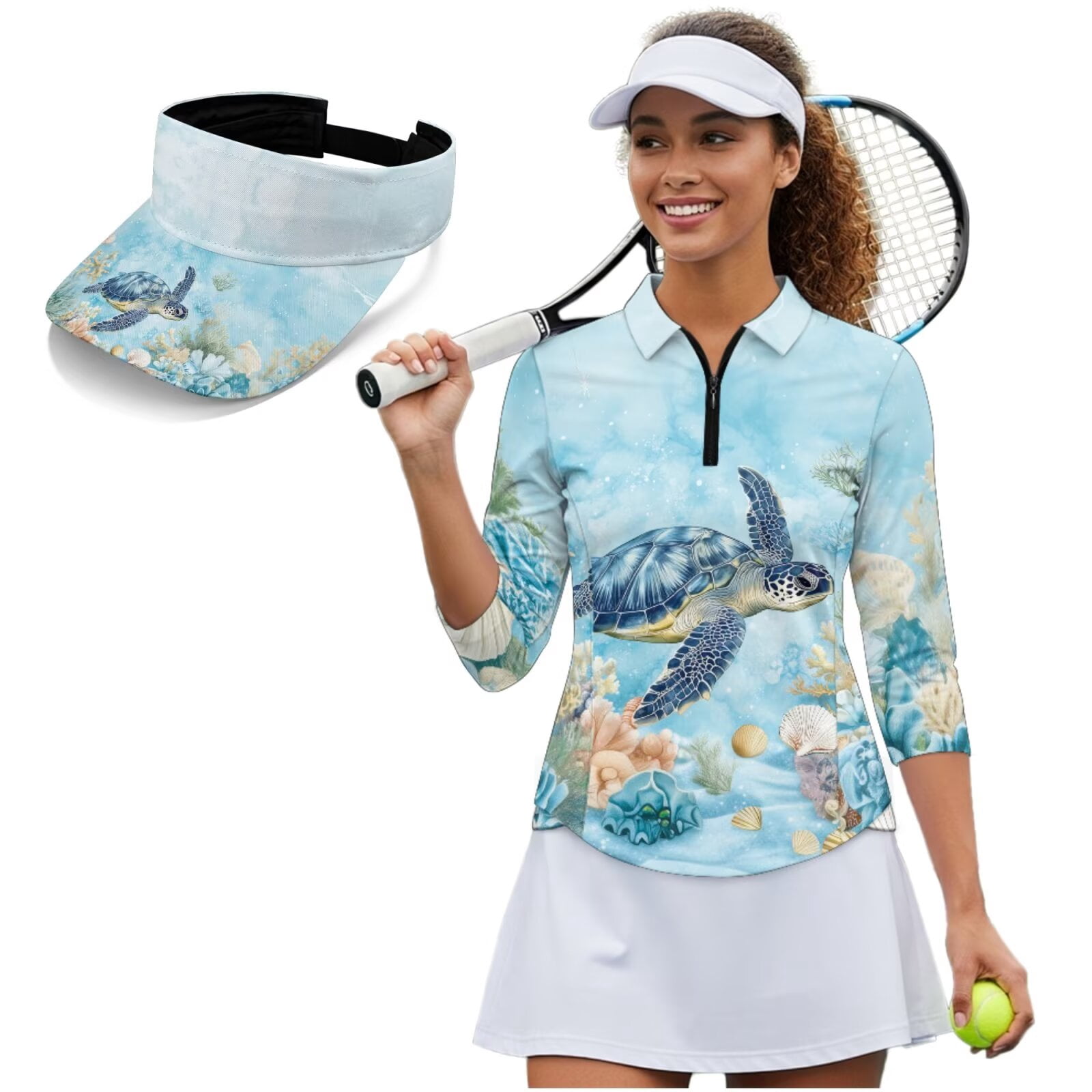Aplkyhs Sea Turtle Shell Women's Golf Shirt and Sun Visor Hat Set ...