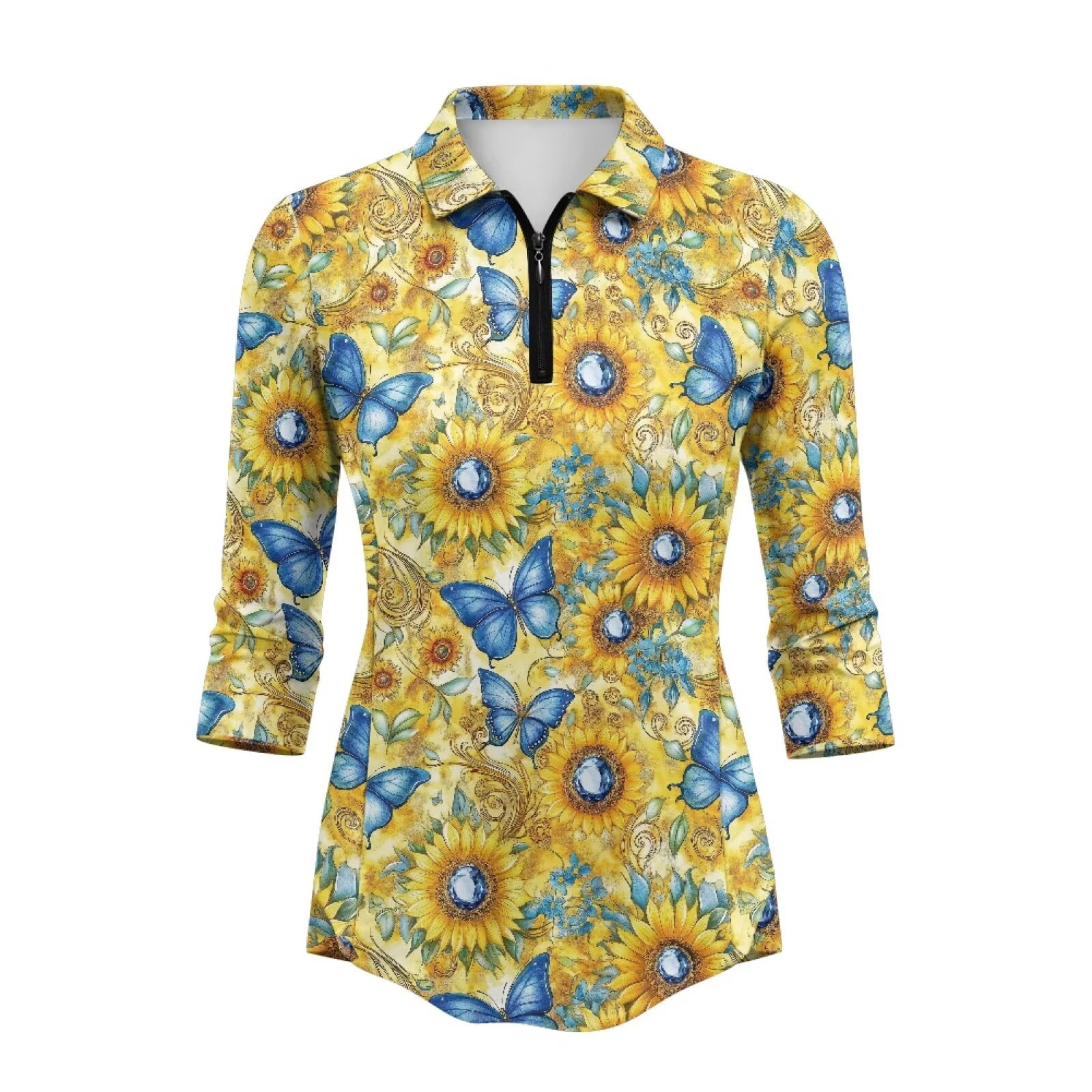 Aplkyhs Sunflower Butterfly Golf Shirts for Women 3/4 Sleeve Golf Cloth ...