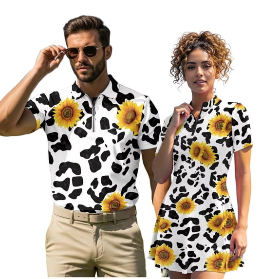 Aplkyhs Sunflower Cow Print Matching Golf Shirts for Couple Moisture ...