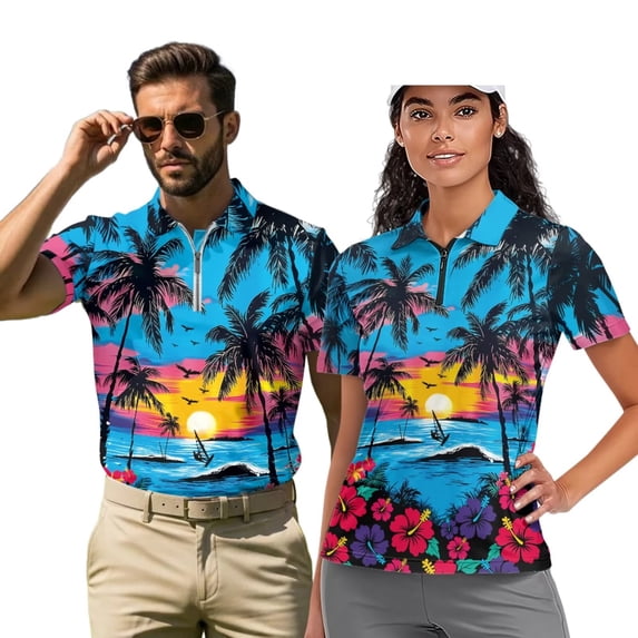 Aplkyhs Sunset Palm Trees Matching Couple Golf Shirts His and Hers Golf ...