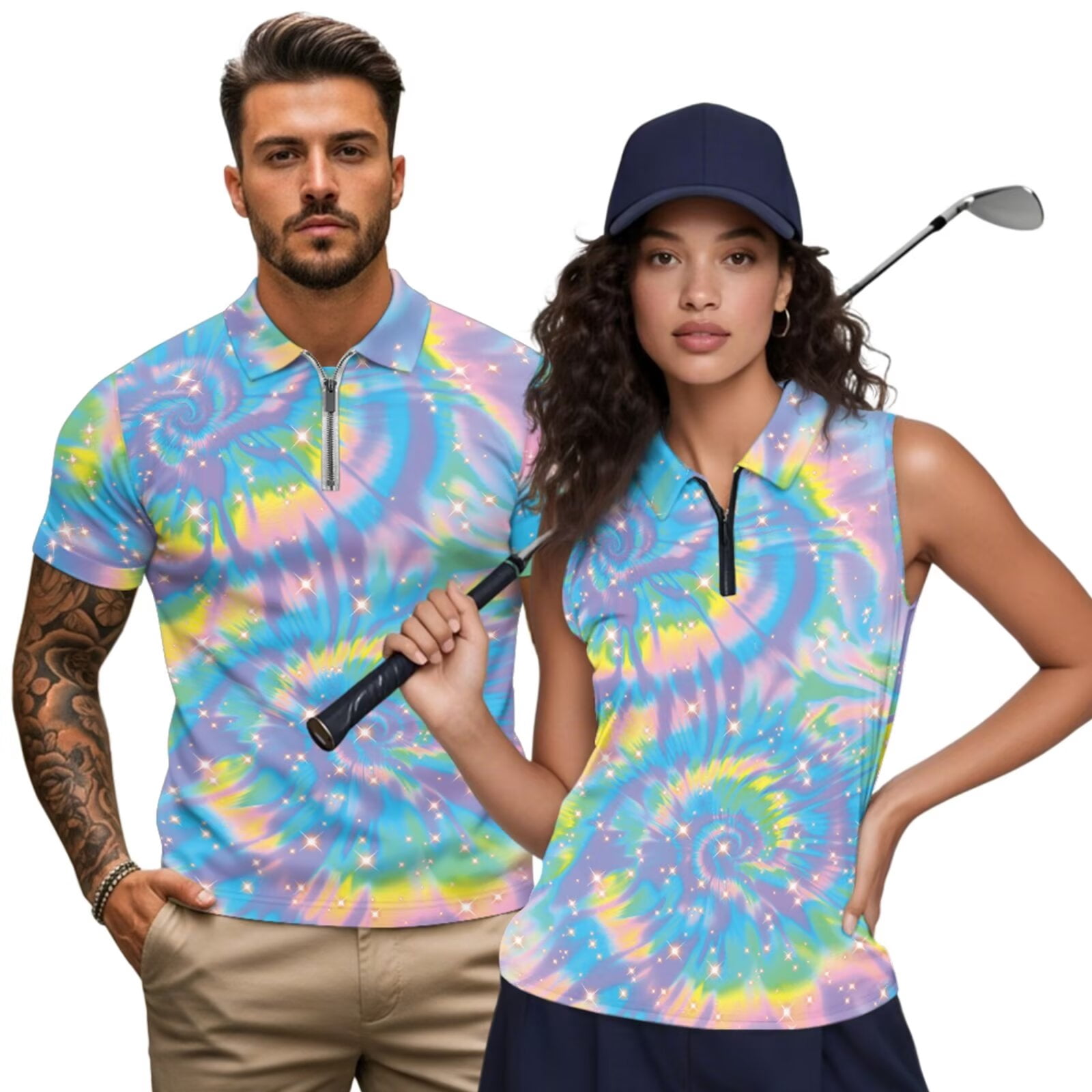 Aplkyhs Tie Dye Galaxy Matching Golf Shirts for Couple Breathable ...