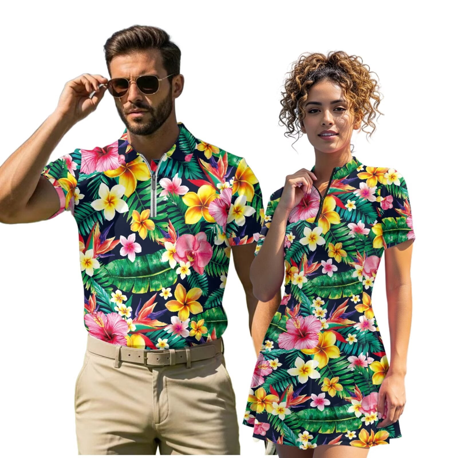 Aplkyhs Tropical Flowers Couple Golf Shirts Quarter Zip Mens Hawaiian ...