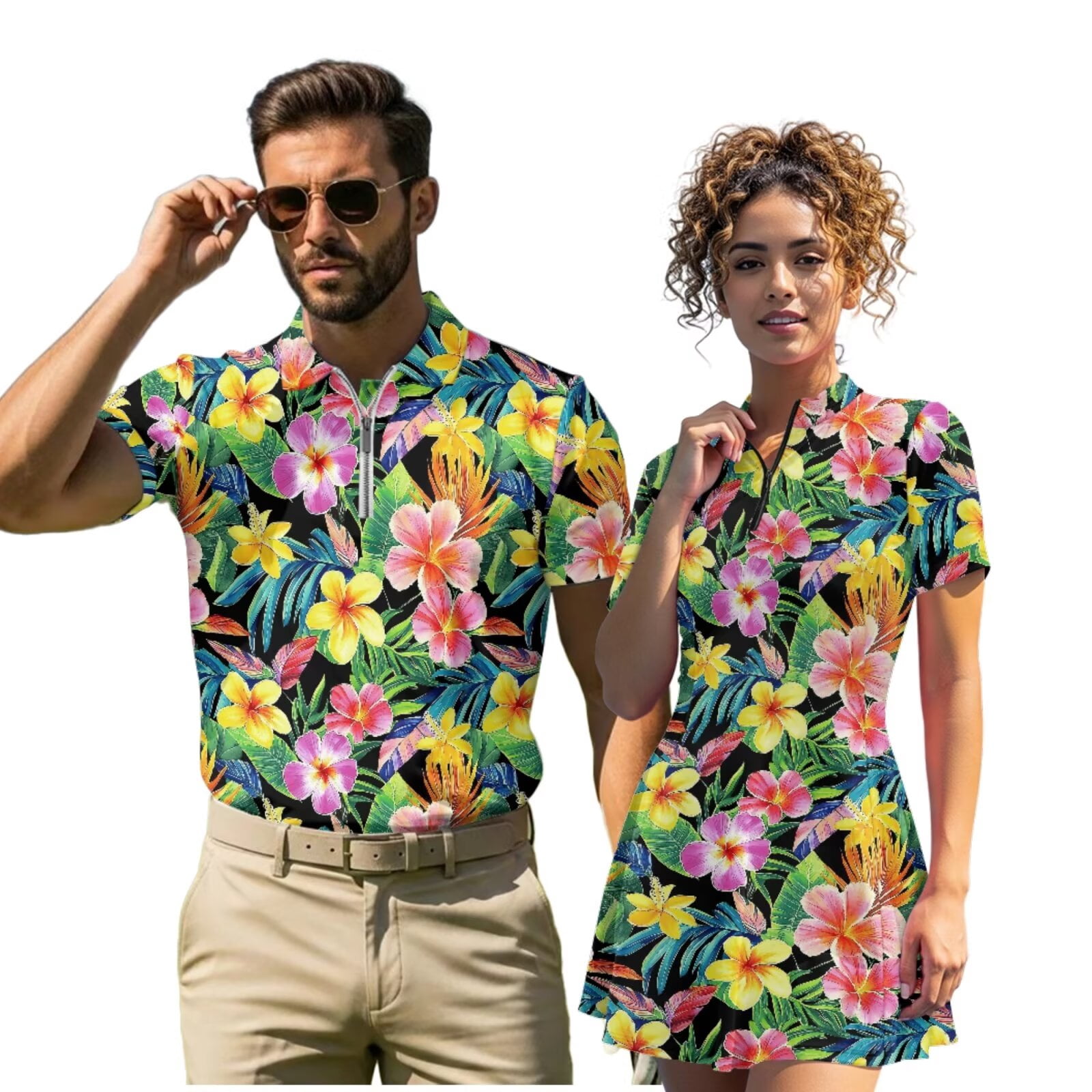 Aplkyhs Tropical Flowers Matching Golf Shirts for Couple Moisture ...