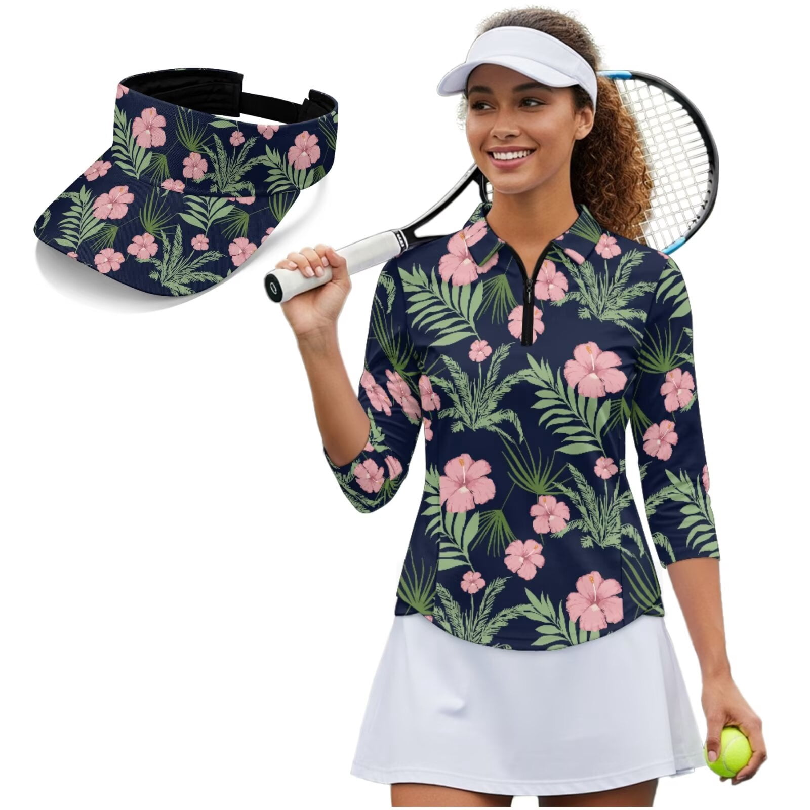 Aplkyhs Tropical Flowers Women's Golf Shirt and Sun Visor Hat Set Fit ...