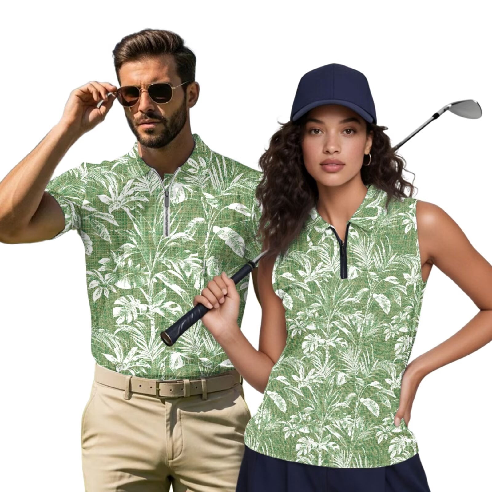 Aplkyhs Tropical Palm Leaf Matching Golf Shirts for Couple Moisture ...