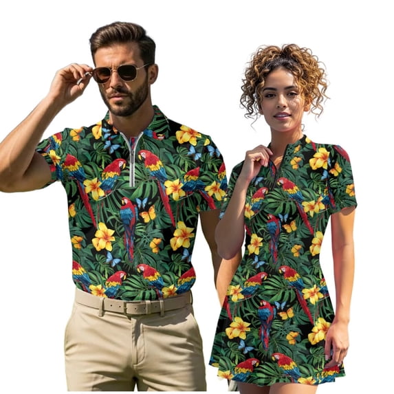 Aplkyhs Tropical Parrot Floral Matching Golf Shirts for Couple Moisture ...