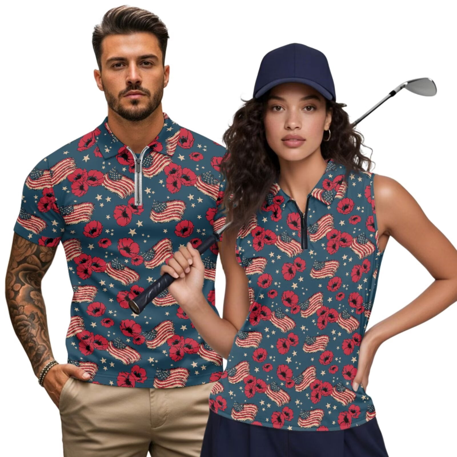 Aplkyhs Vintage American Flag Couple Golf Shirts Quick Dry Summer Lapel ...