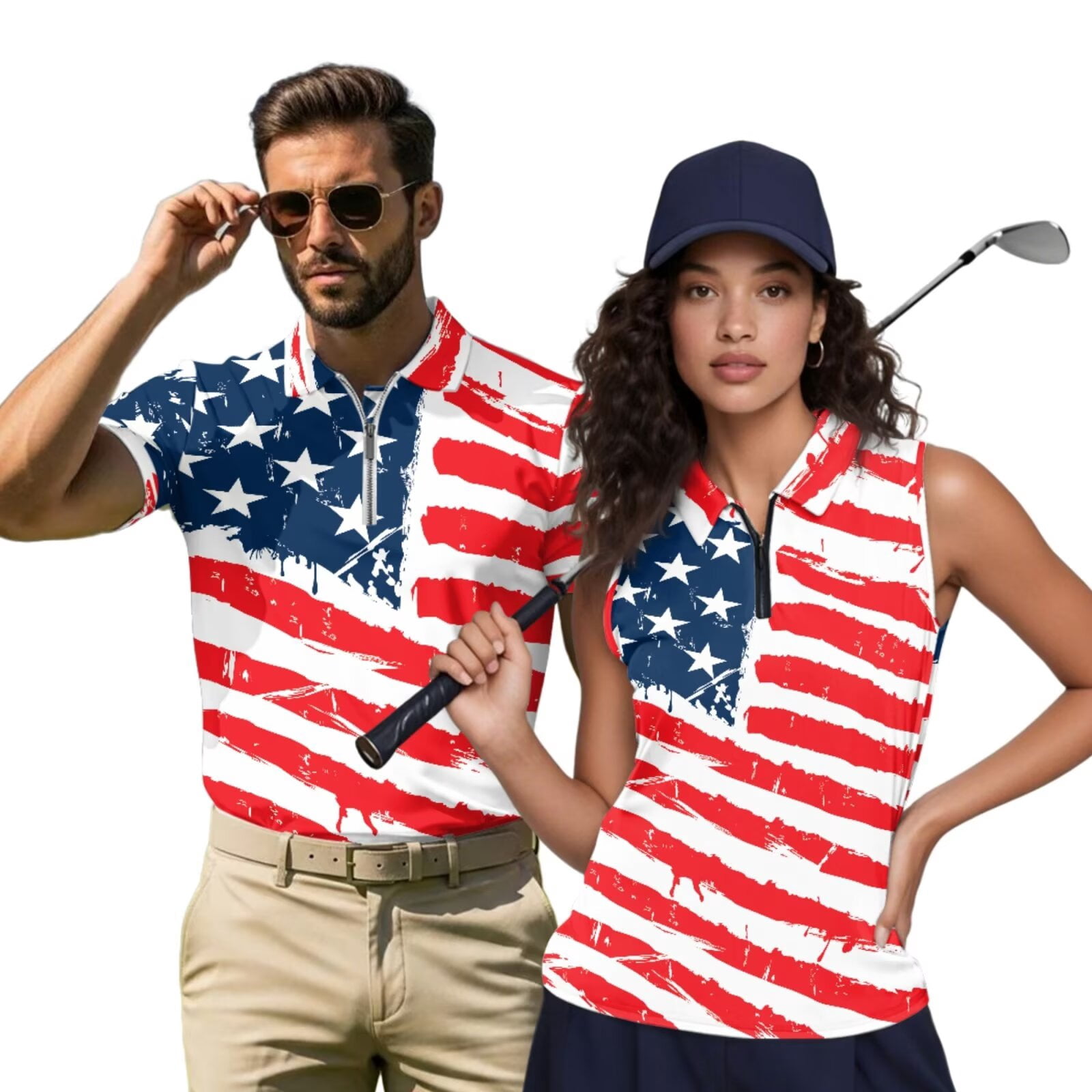 Aplkyhs Vintage American Flag Star Matching Golf Shirts for Couple His ...