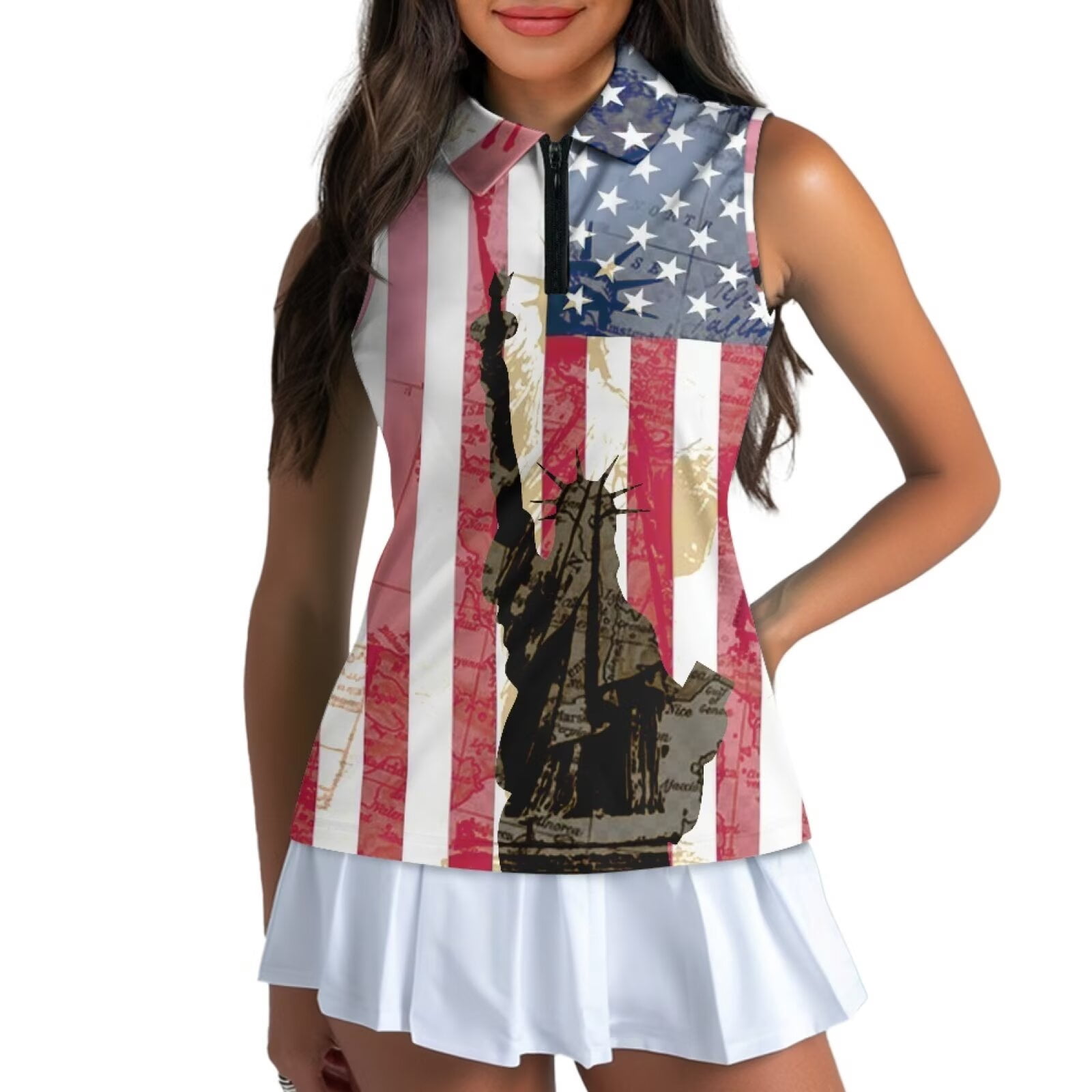 Aplkyhs Women's Golf Sleeveless Shirt Patriotic American Flag Statue ...