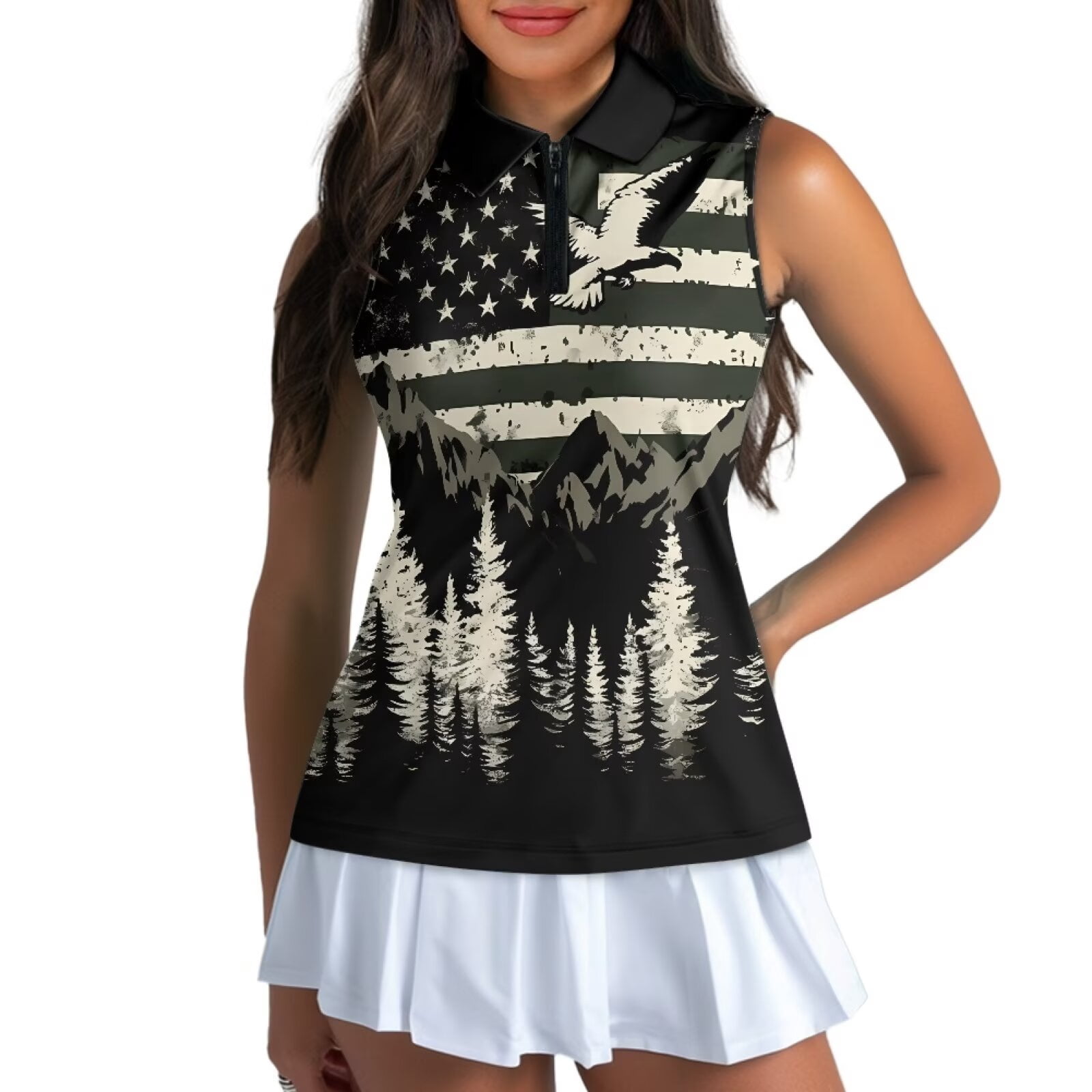Aplkyhs Women's Golf Sleeveless Shirt Patriotic Camo Flag Eagle ...