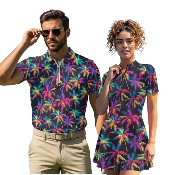 Apllkyhs Colorful Palm Tree Matching Golf Shirts for Couple 4-Way ...