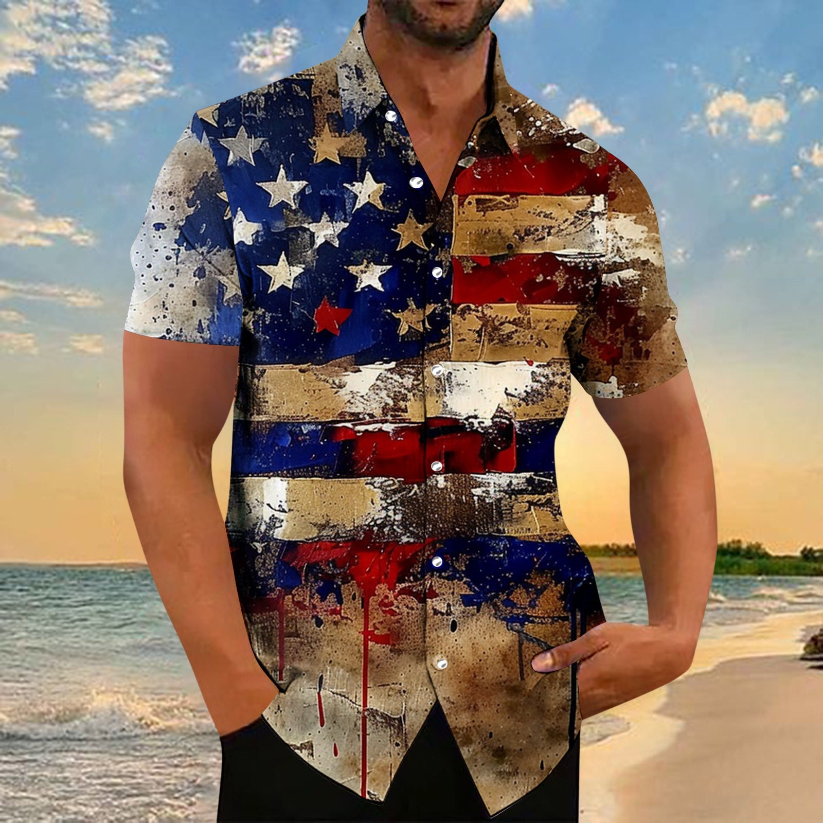 Apmemiss Summer Shirts for Men Clearance Clothes Men's Printing Button ...