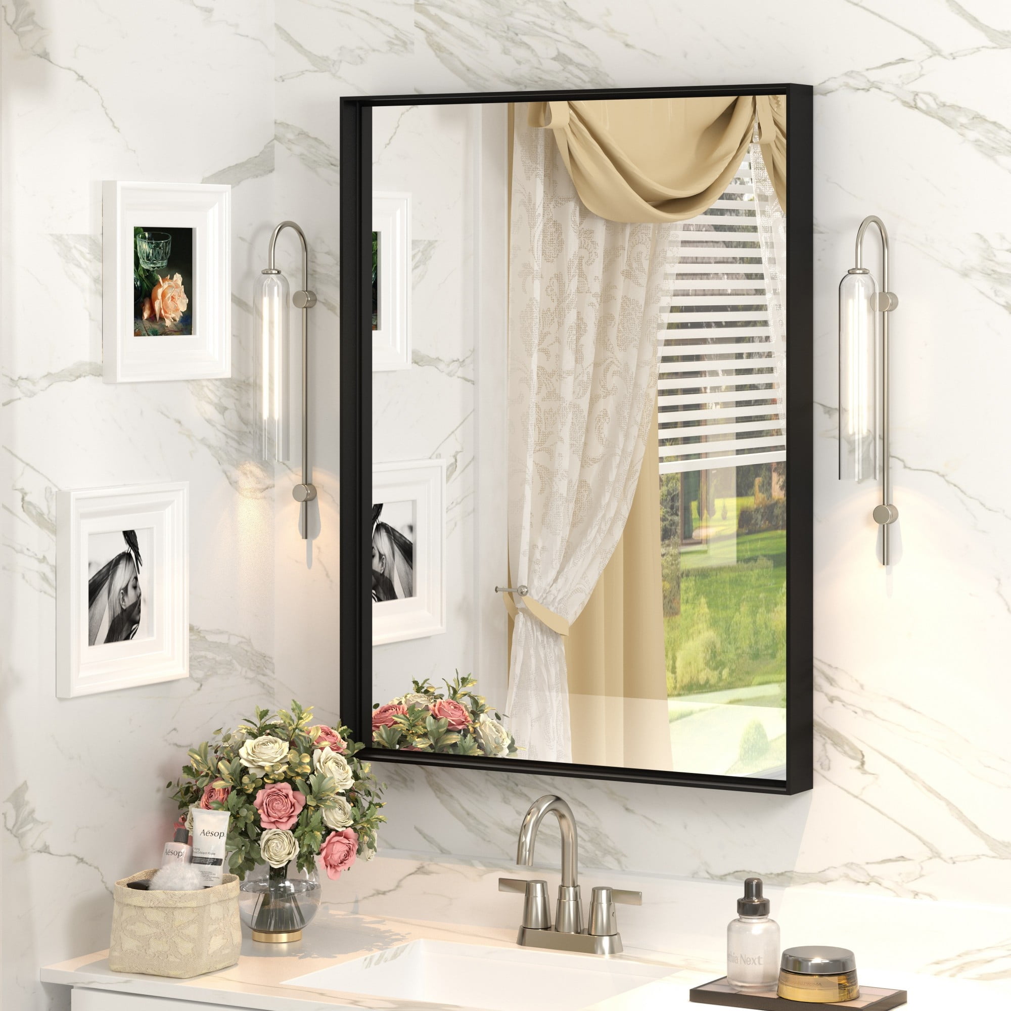 Apmir 32"x 24" Bathroom Vanity Mirror Rectangular Metal Frame French ...