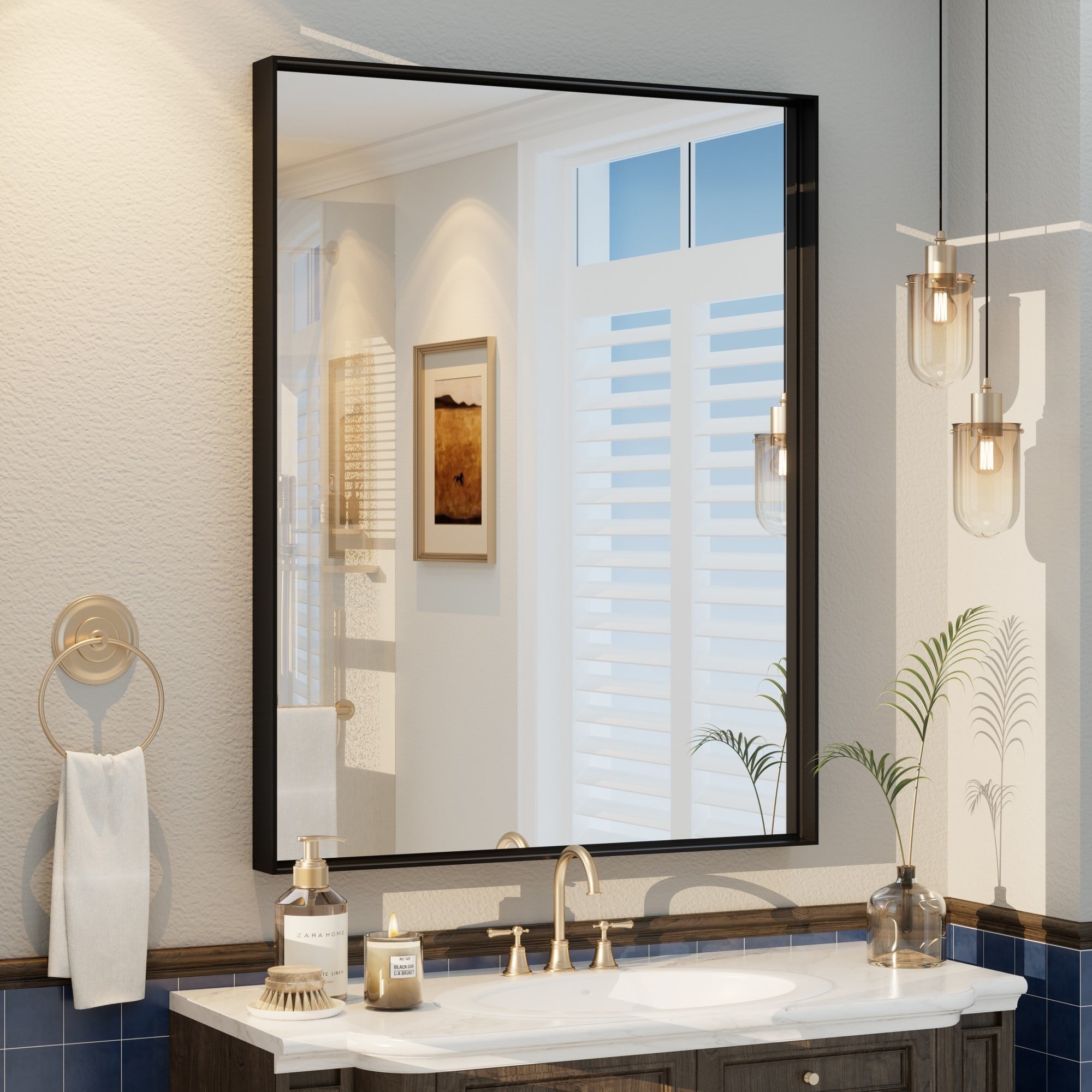 Apmir 36"x 28" Bathroom Vanity Mirror Rectangular Metal Frame French ...