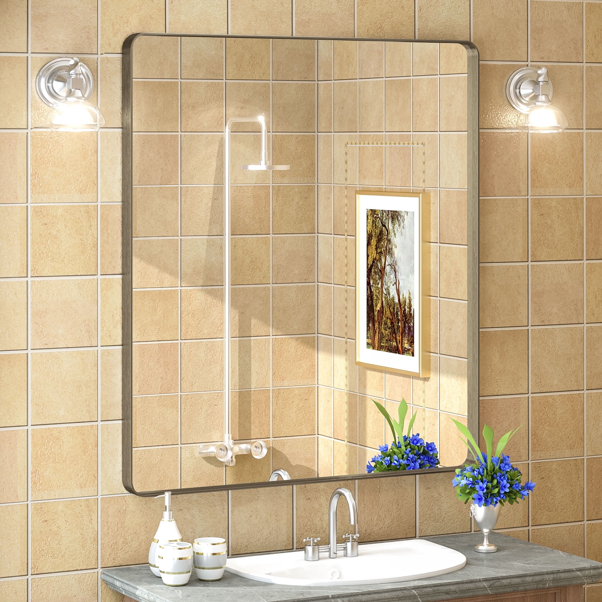 Apmir 36x32 inch Wall Mirror with Rectangular Metal Frame Tempered ...