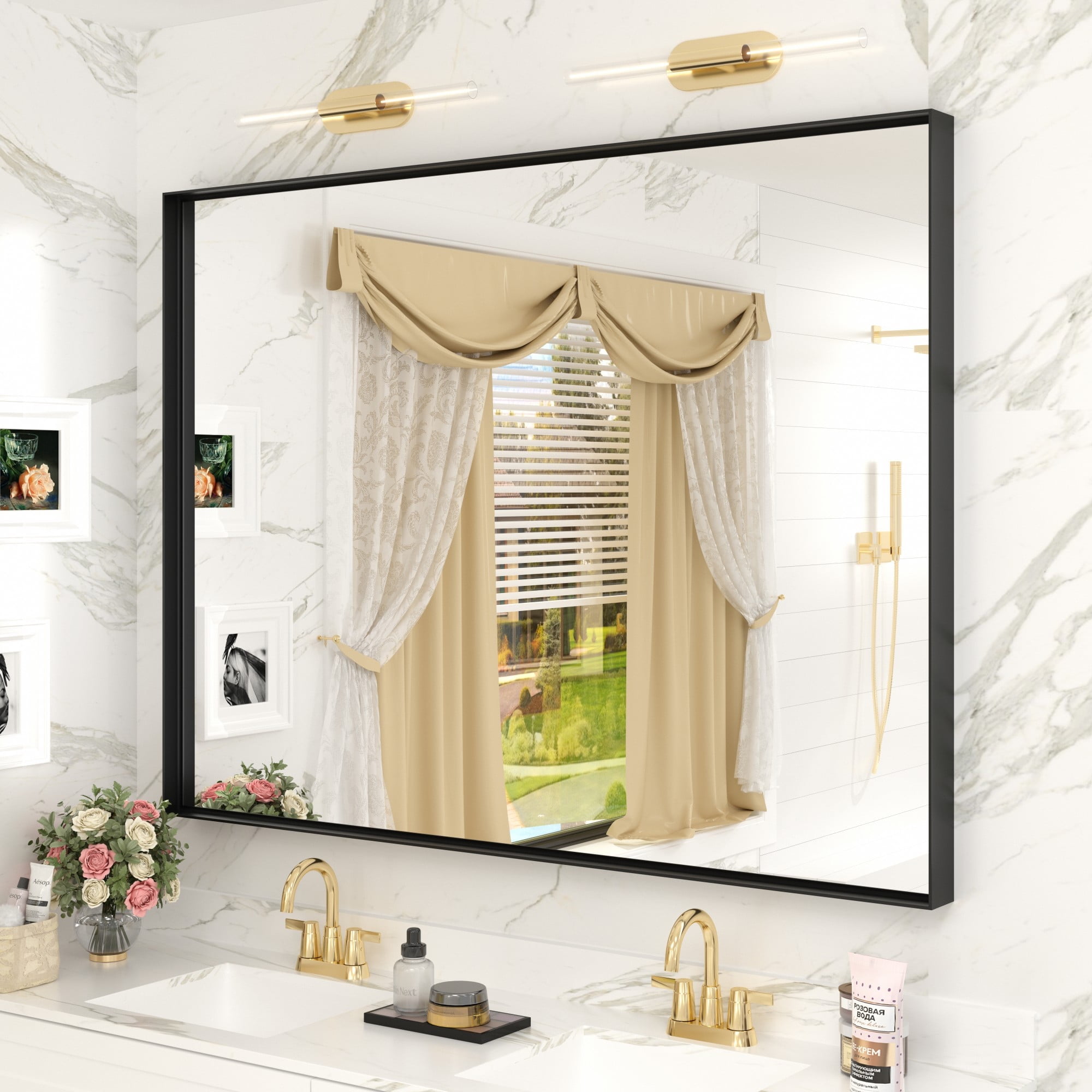 Apmir 48"x 36" Bathroom Vanity Mirror Rectangular Metal Frame French ...