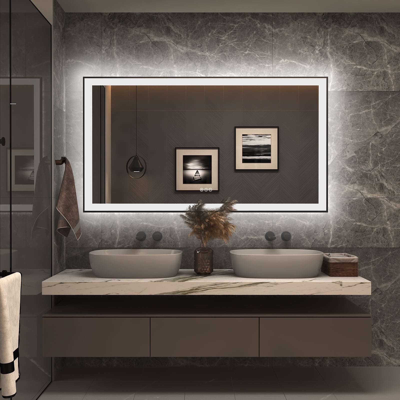 Apmir Full size Rectangular Framed Front&Back LED Lighted Anti-Fog Wall ...