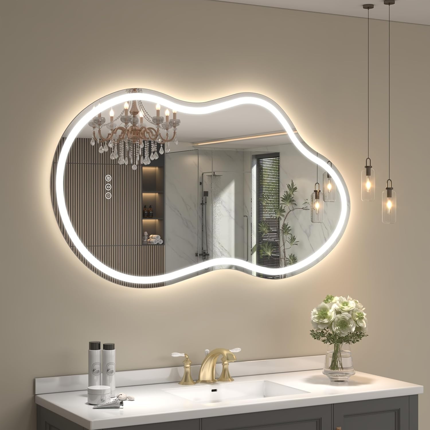 Apmir Frameless Irregular LED Anti-Fog Tempered Glass Bathroom Vanity ...