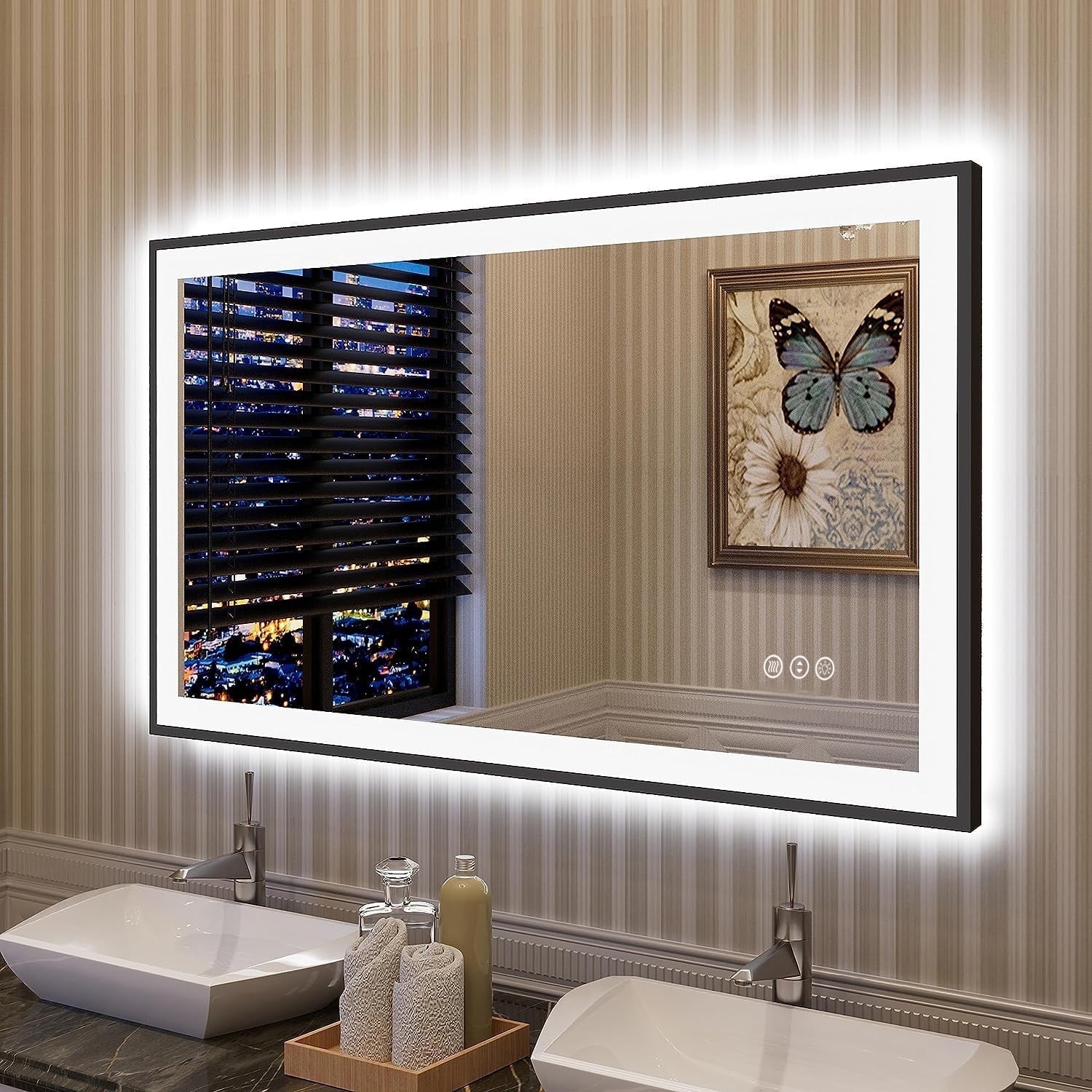 Apmir Full Size Black Framed Front&Back LED Lighted Anti-Fog Wall Bathroom Vanity Mirror in ...