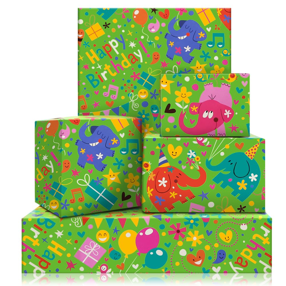 Apol Elephant Birthday Wrapping TSF6 Paper for Boys and Wrap,4 Sheets ...