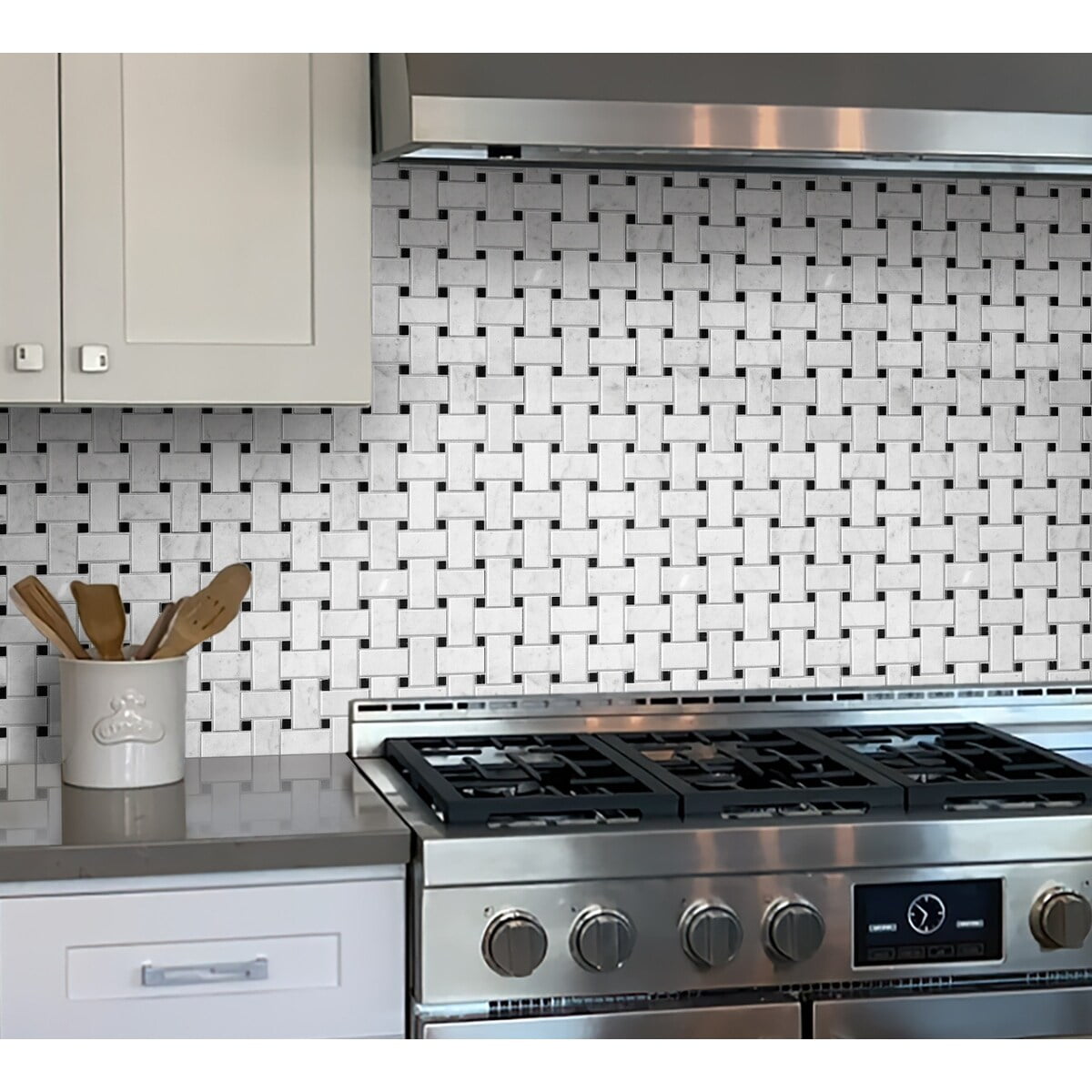 Apollo Tile 5 pack 12-in x 12-in White and Black Basketweave Polished ...