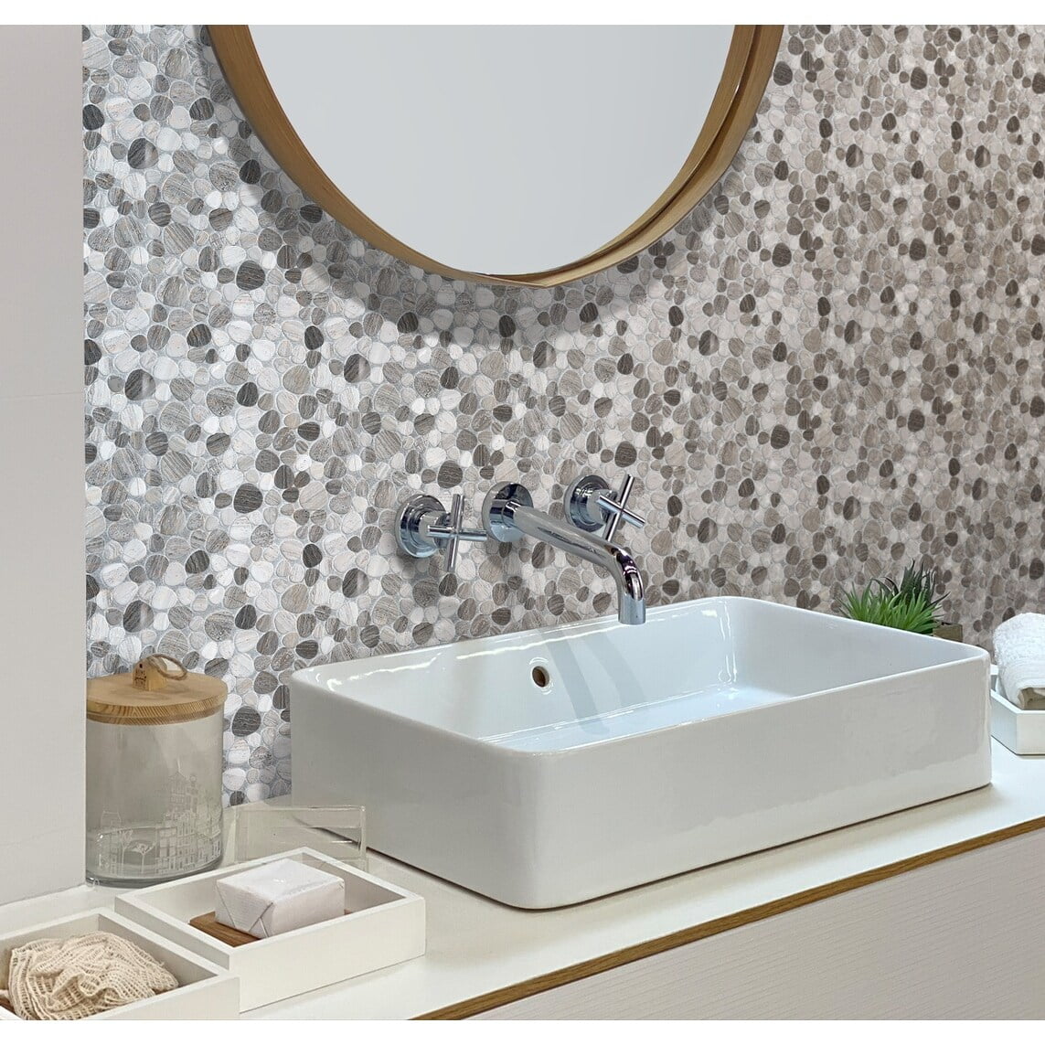 Apollo Tile Gray 11.8-in. x 12.4-in. Pebble Polished Marble Mosaic ...