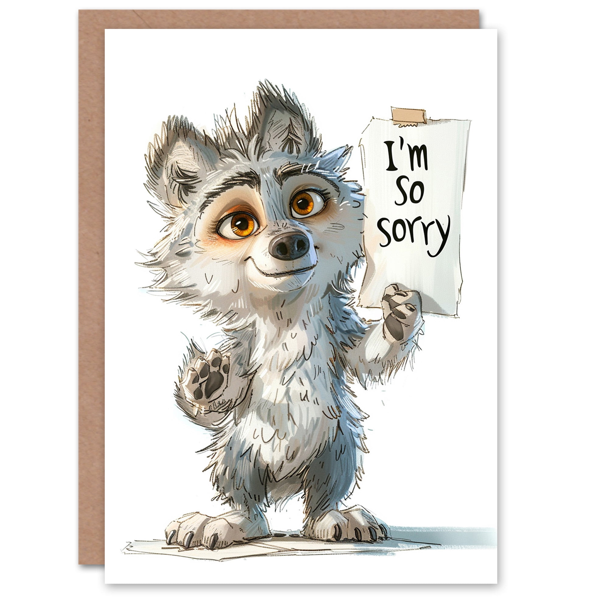 Apology Card Cute Cheeky Wolf Pup Holding Sorry Sign Cartoon Blank Arty ...